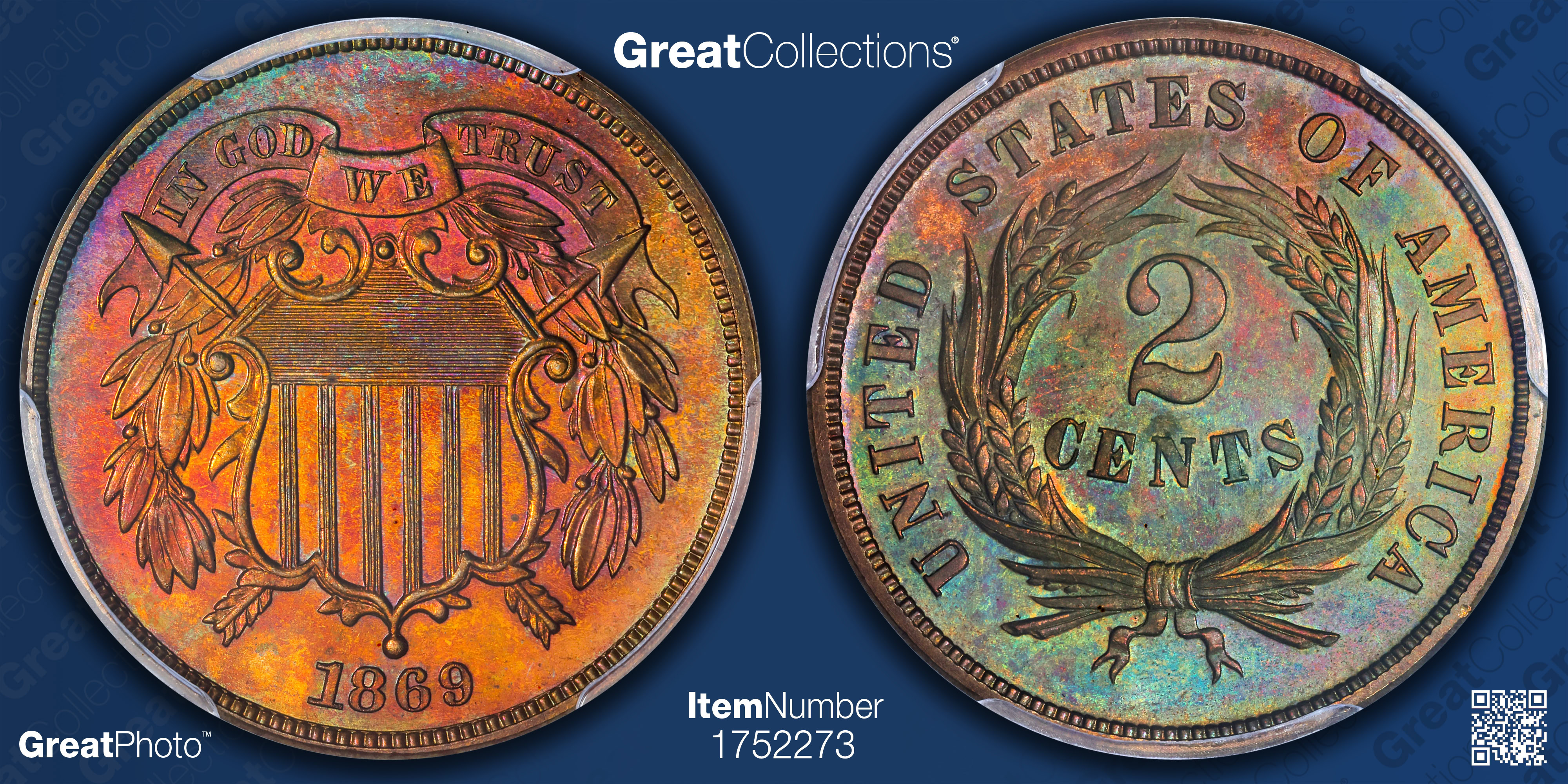 1869 Two-Cent Piece PCGS Proof-66 RB (CAC Green) (Toned) (Item 1752273 ...