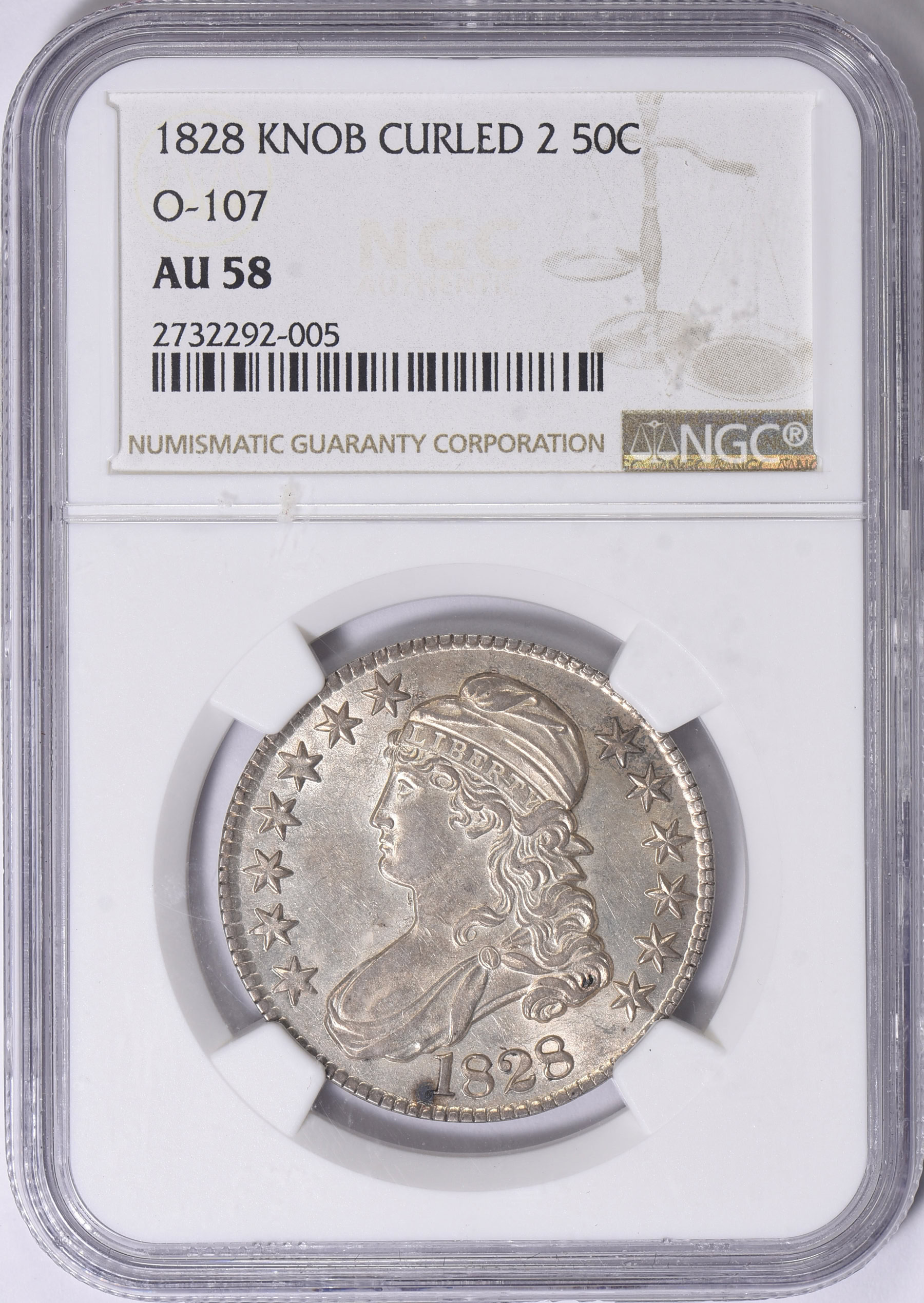1828 Capped Bust Half Dollar Curl Base 2, Knob Overton 107 NGC AU-58 ...