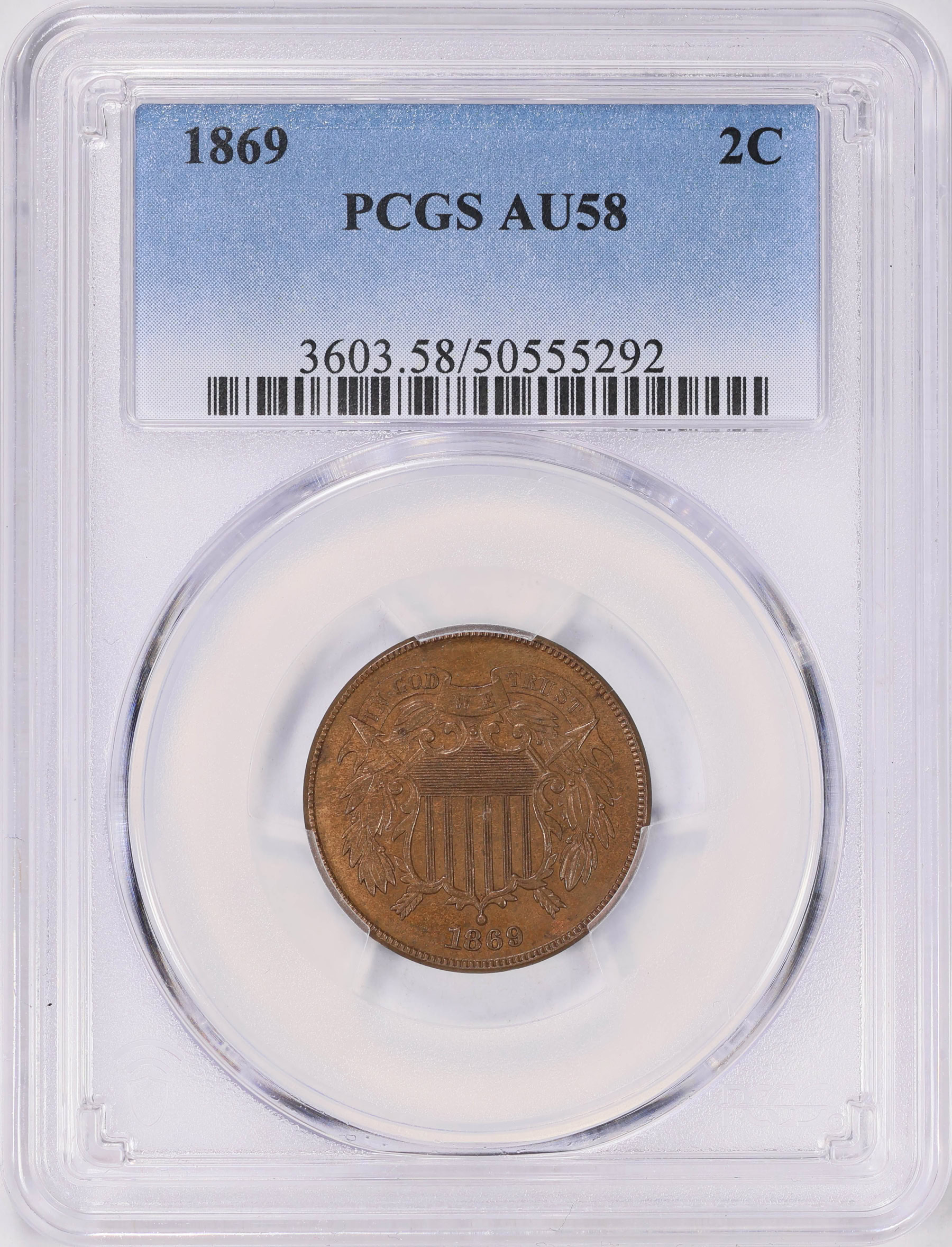 1869 Two-Cent Piece PCGS AU-58 BN (Item 1752399) | GreatCollections Coin Auctions