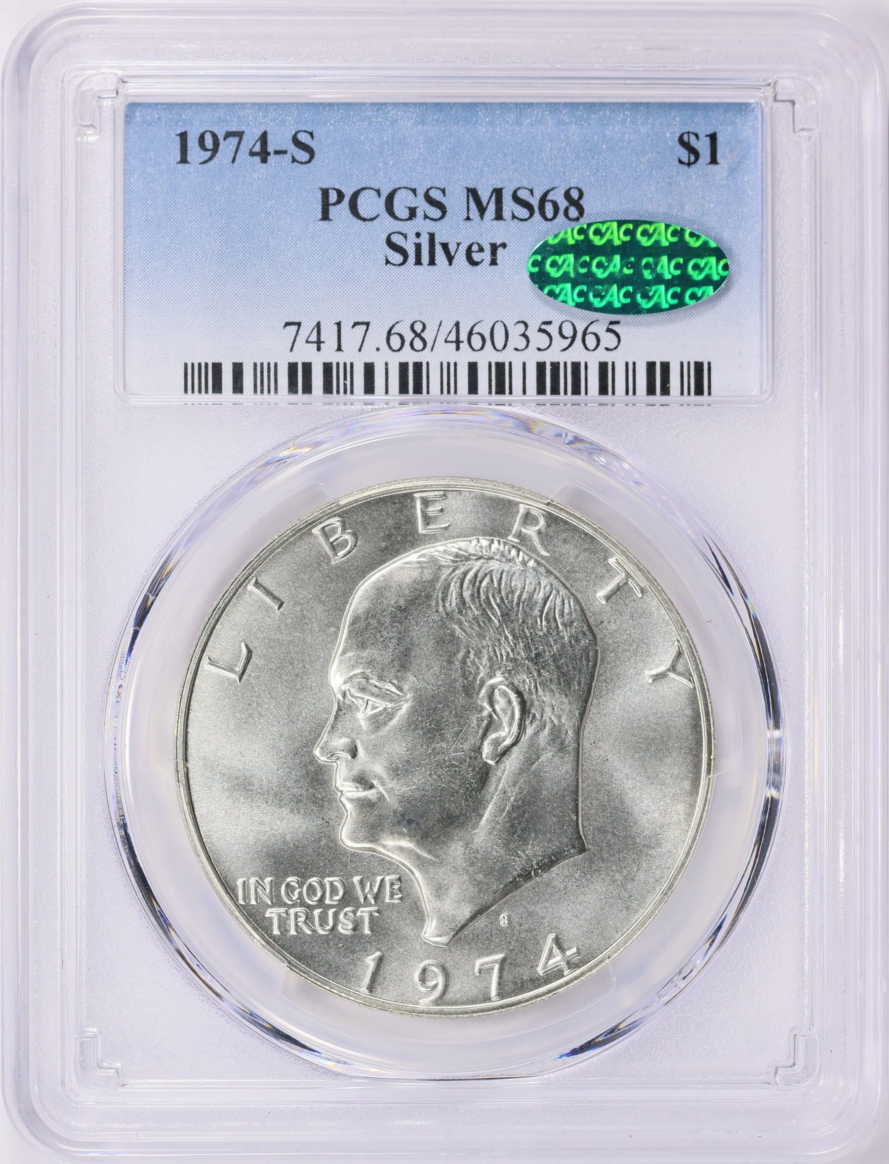 1974-S Eisenhower Dollar Silver PCGS MS-68 (CAC Green) (Item 1752419) | GreatCollections Coin ...