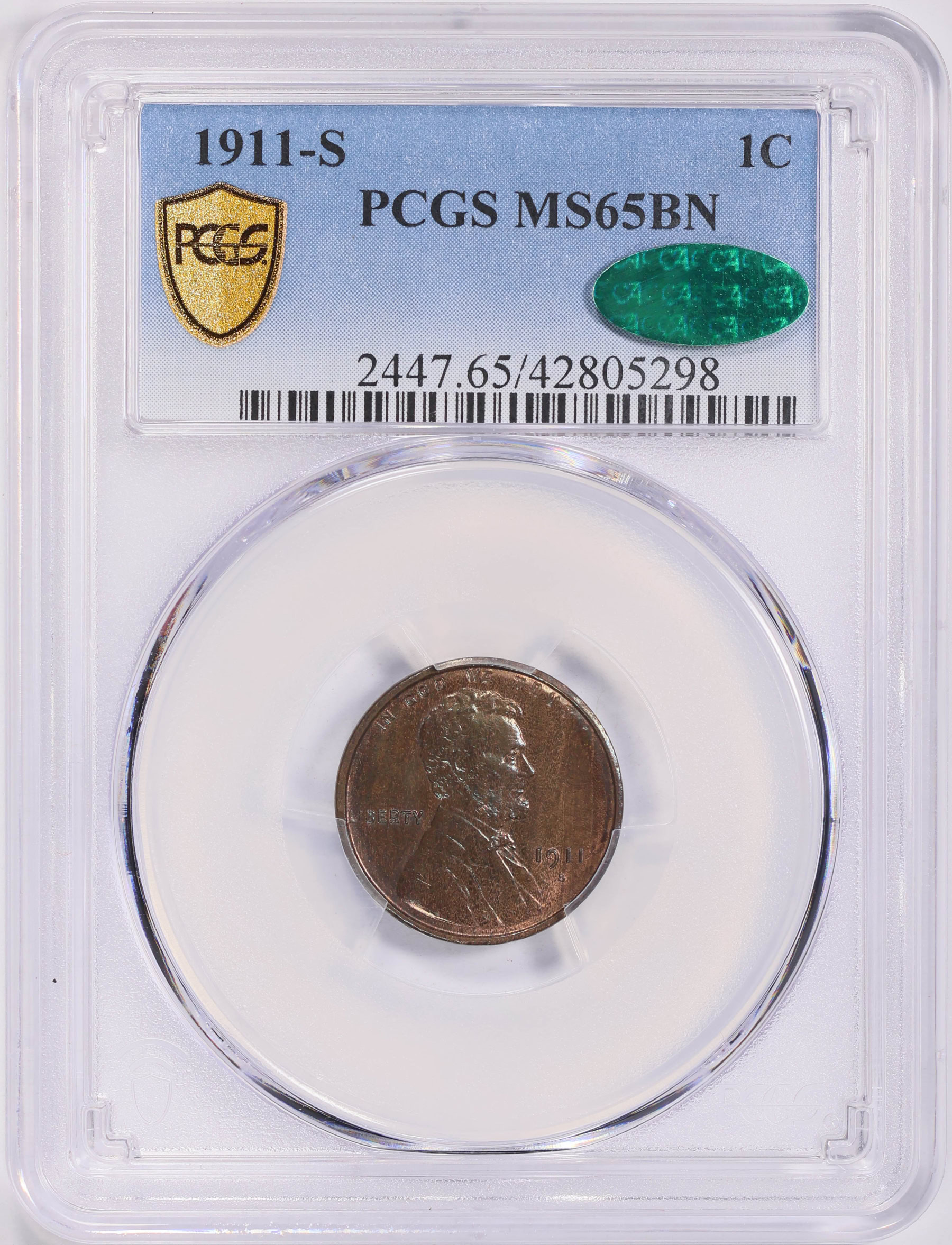 1911-S Lincoln Cent PCGS MS-65 BN (CAC Green) (Toned) (Item 1752452) | GreatCollections Coin ...