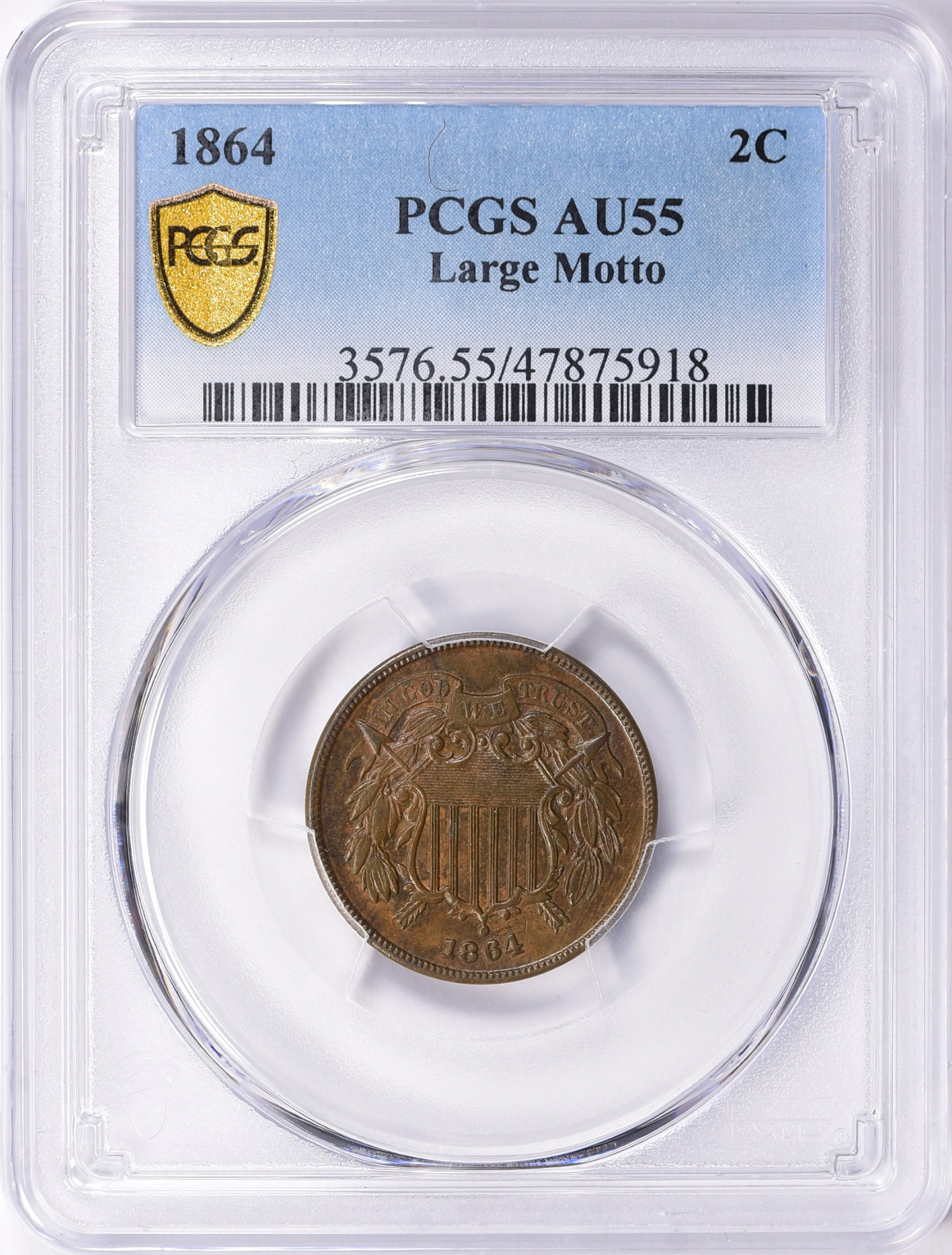1864 Two-Cent Piece Large Motto PCGS AU-55 BN (Item 1752473) | GreatCollections Coin Auctions