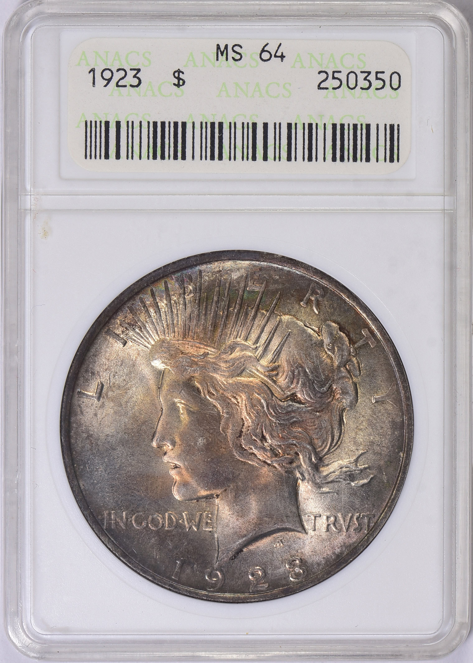 1923 Peace Silver Dollar ANACS MS-64 OH (Toned) (Item 1752546) | GreatCollections Coin Auctions