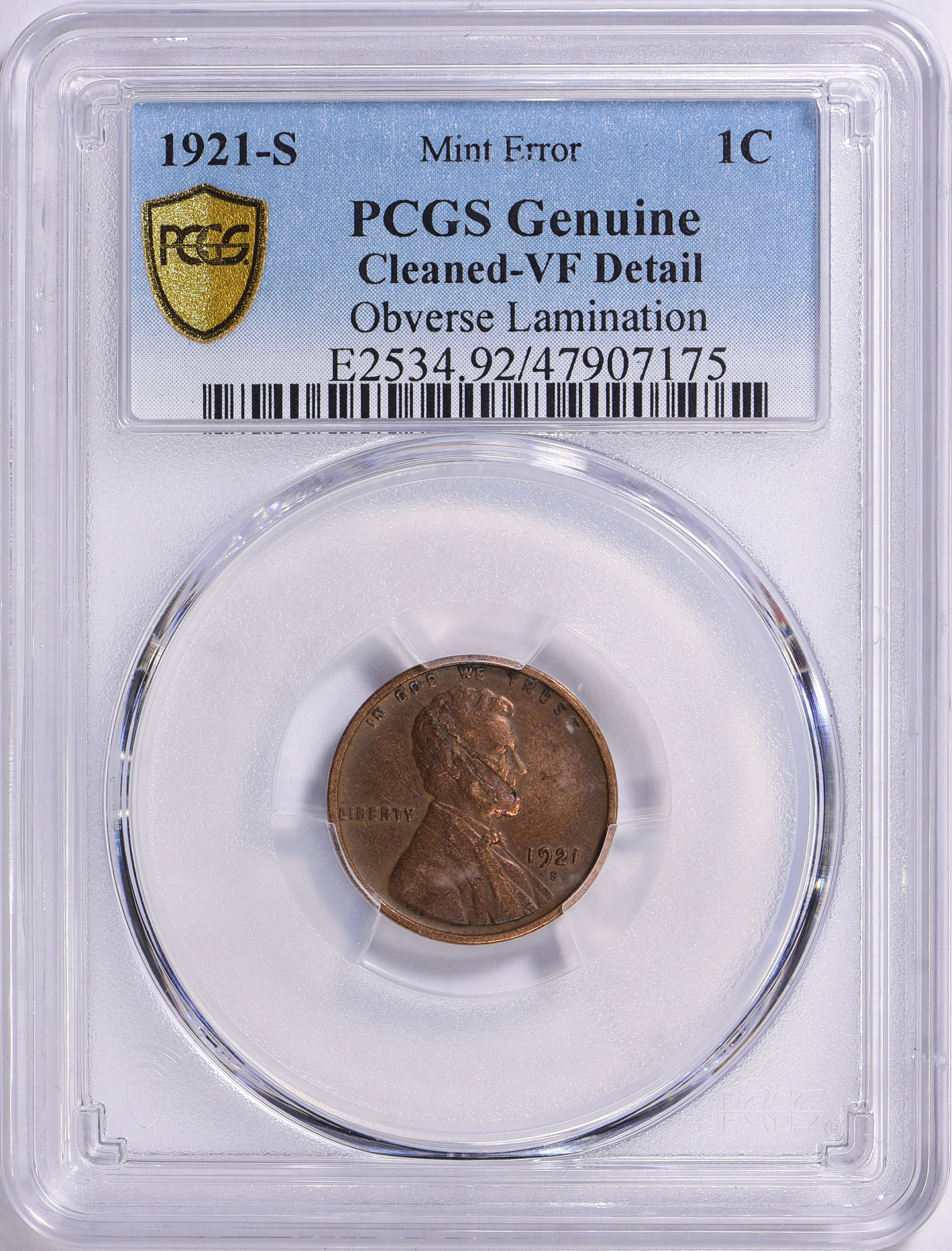 Mint Error 1921-S Lincoln Cent Obverse Lamination PCGS Genuine VF ...
