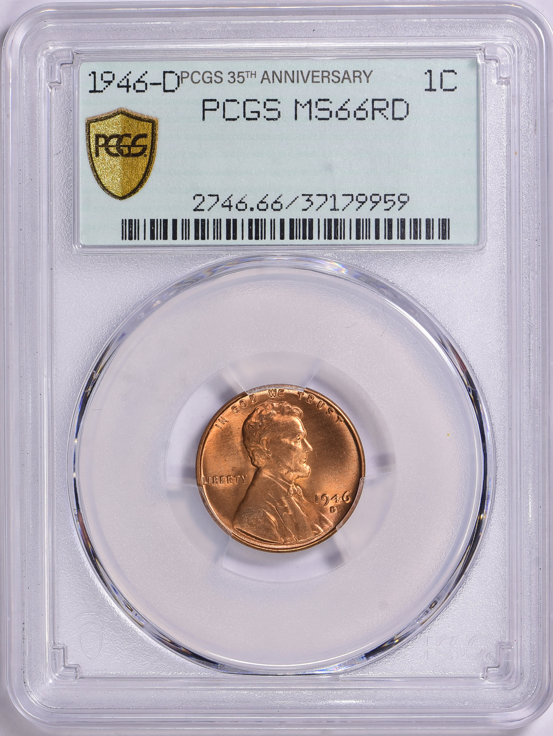 1946-D Lincoln Cent PCGS MS-66 RD (OGH 35th Anniversary Label) (Item 1752699) | GreatCollections ...