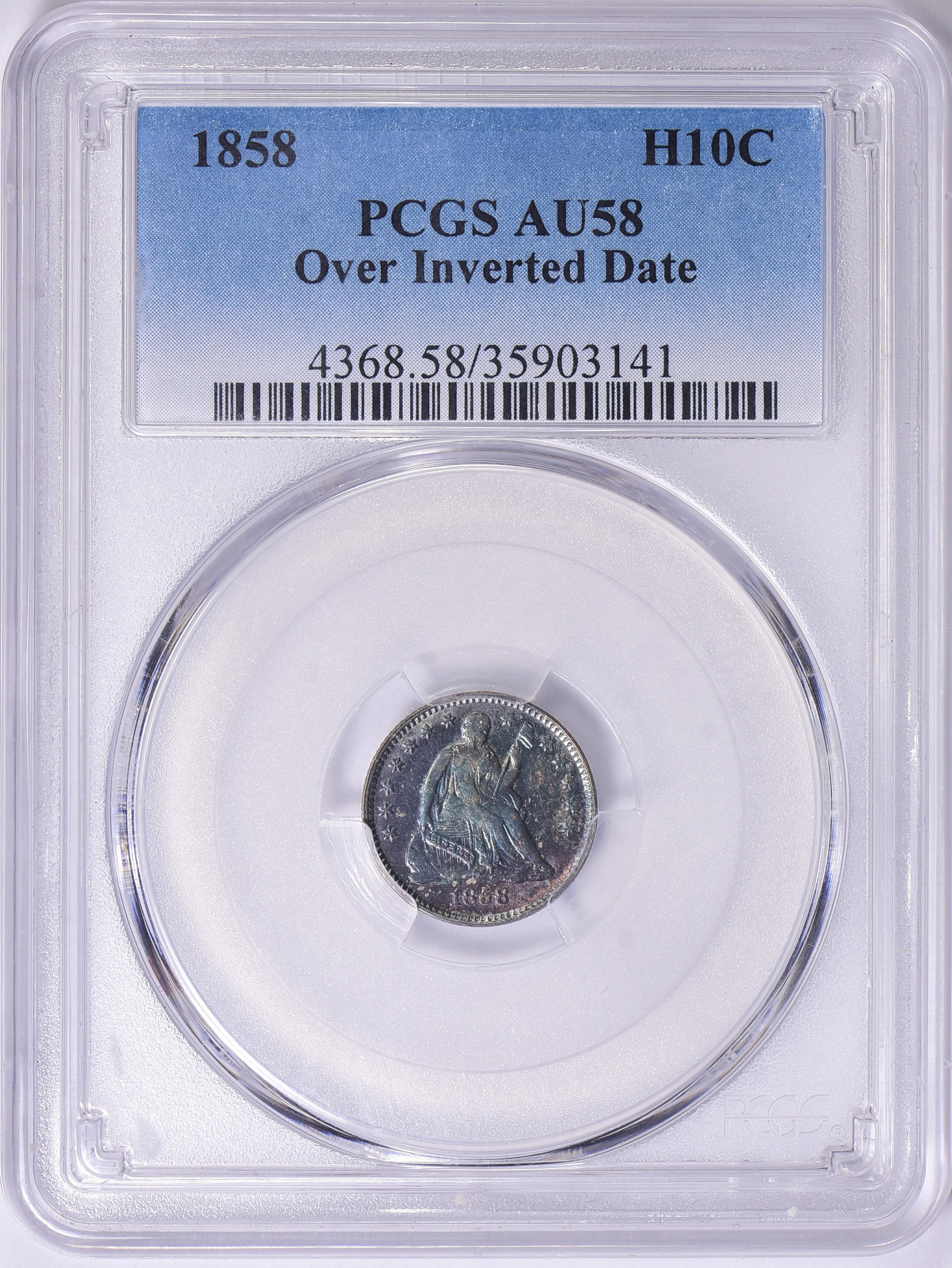 1858 Seated Liberty Half Dime Inverted Date PCGS AU-58 (Toned) (Item 1752708) | GreatCollections ...