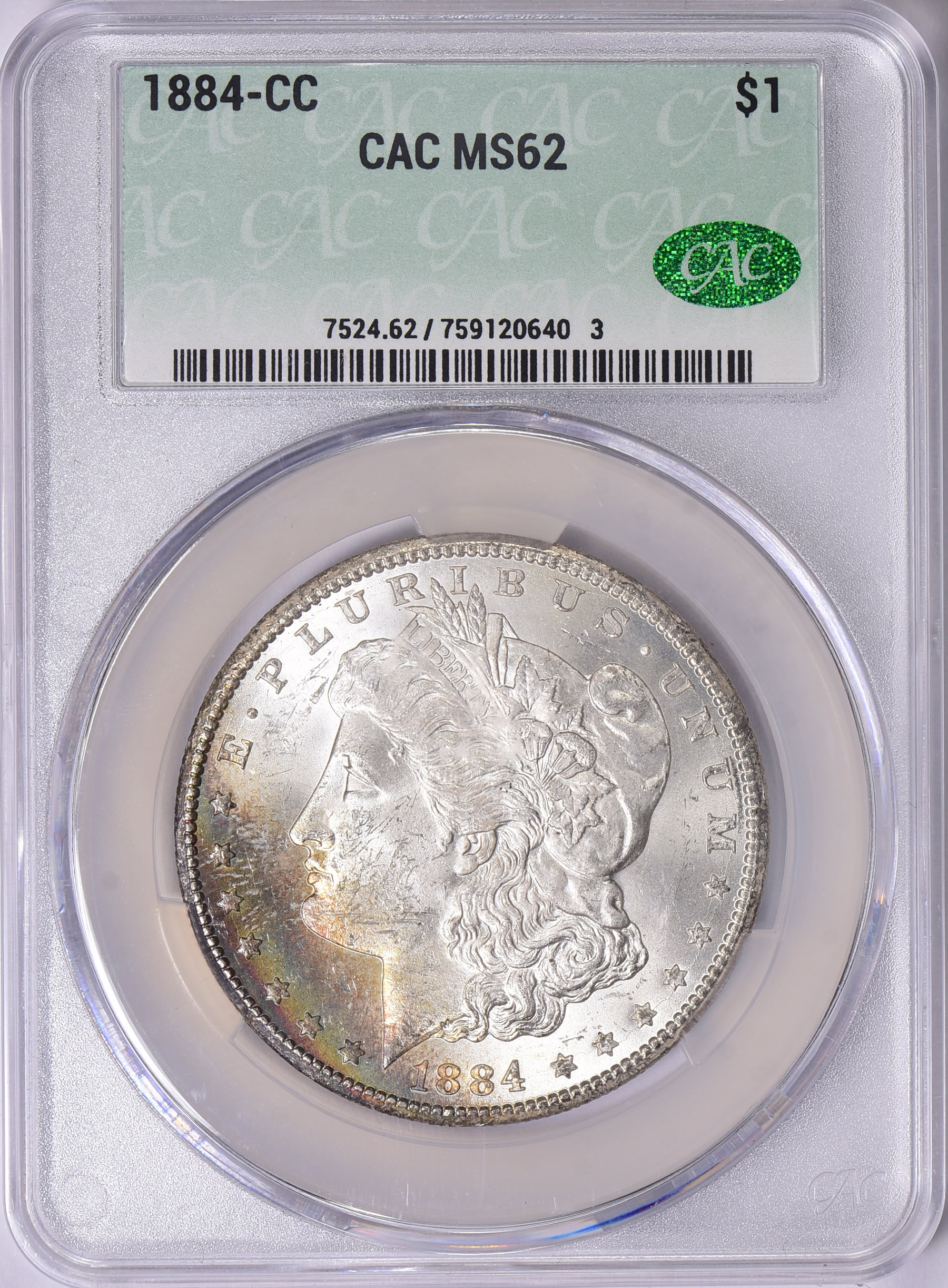 1884-CC Morgan Silver Dollar CACG MS-62 (Toned) (Item 1752773) | GreatCollections Coin Auctions