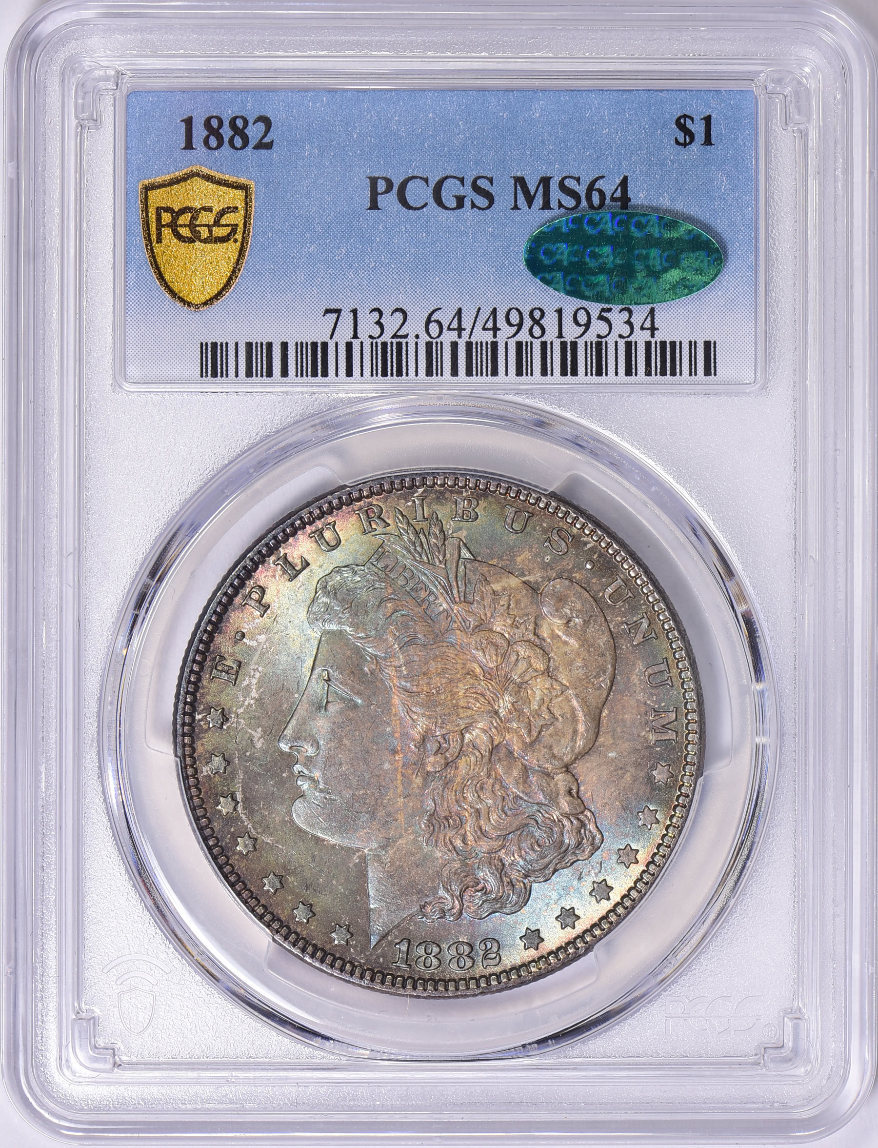 1882 Morgan Silver Dollar PCGS MS-64 (CAC Green) (Toned) (Item 1752779) | GreatCollections Coin ...
