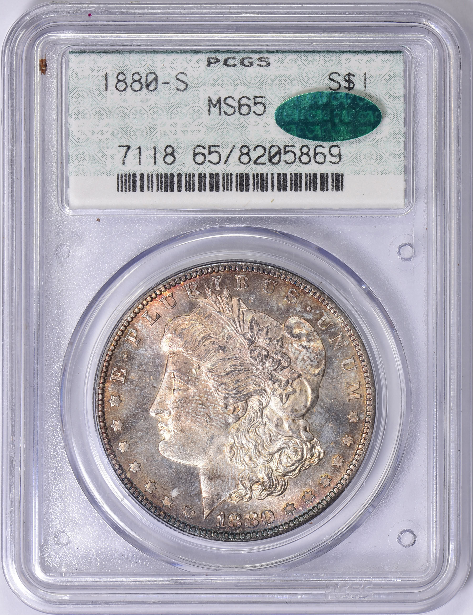1880-S Morgan Silver Dollar PCGS MS-65 (CAC Green) OGH (Doily) (Toned) (Item 1752784 ...