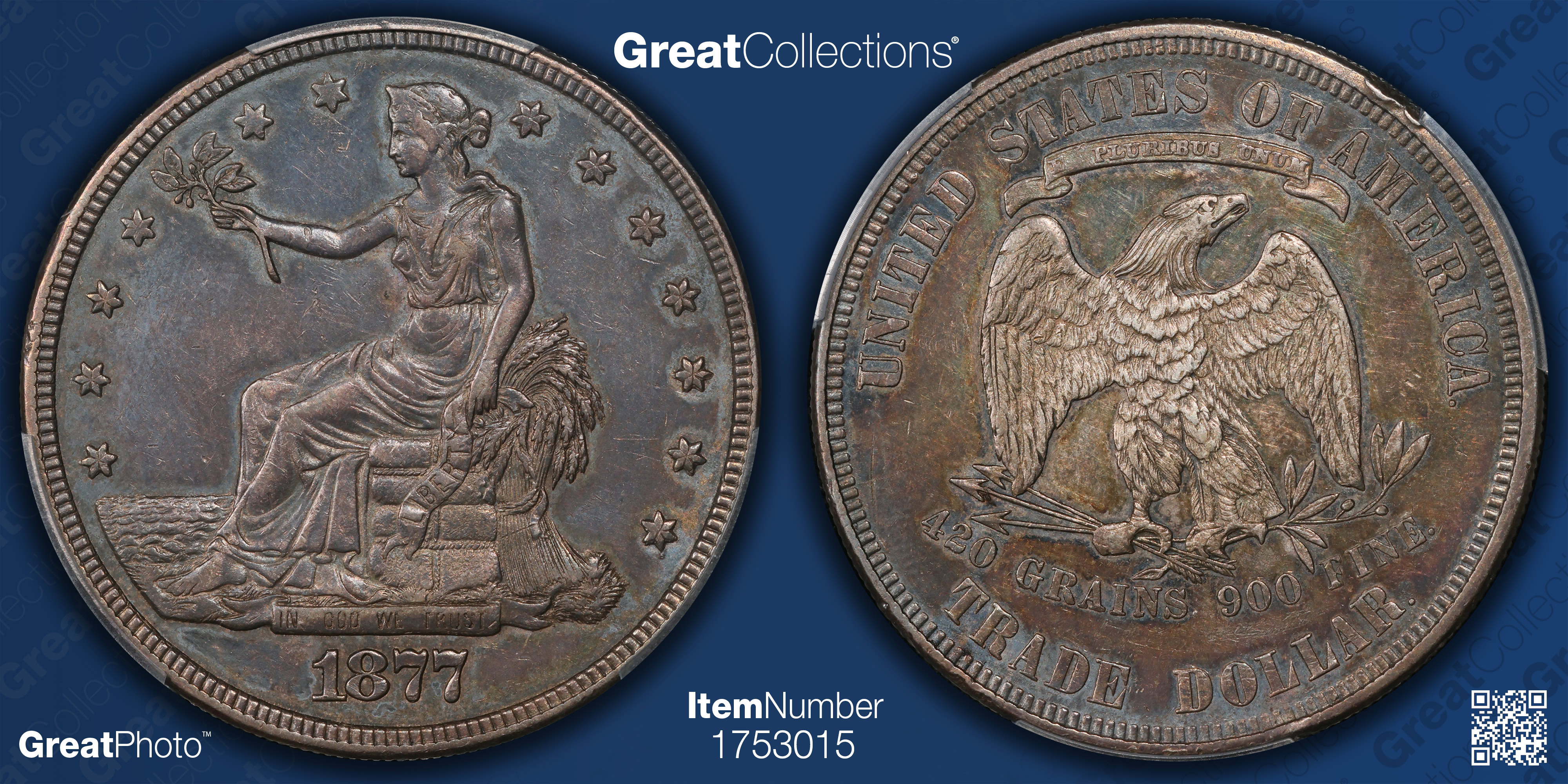 1877 Trade Silver Dollar PCGS AU-50 (Item 1753015) | GreatCollections ...