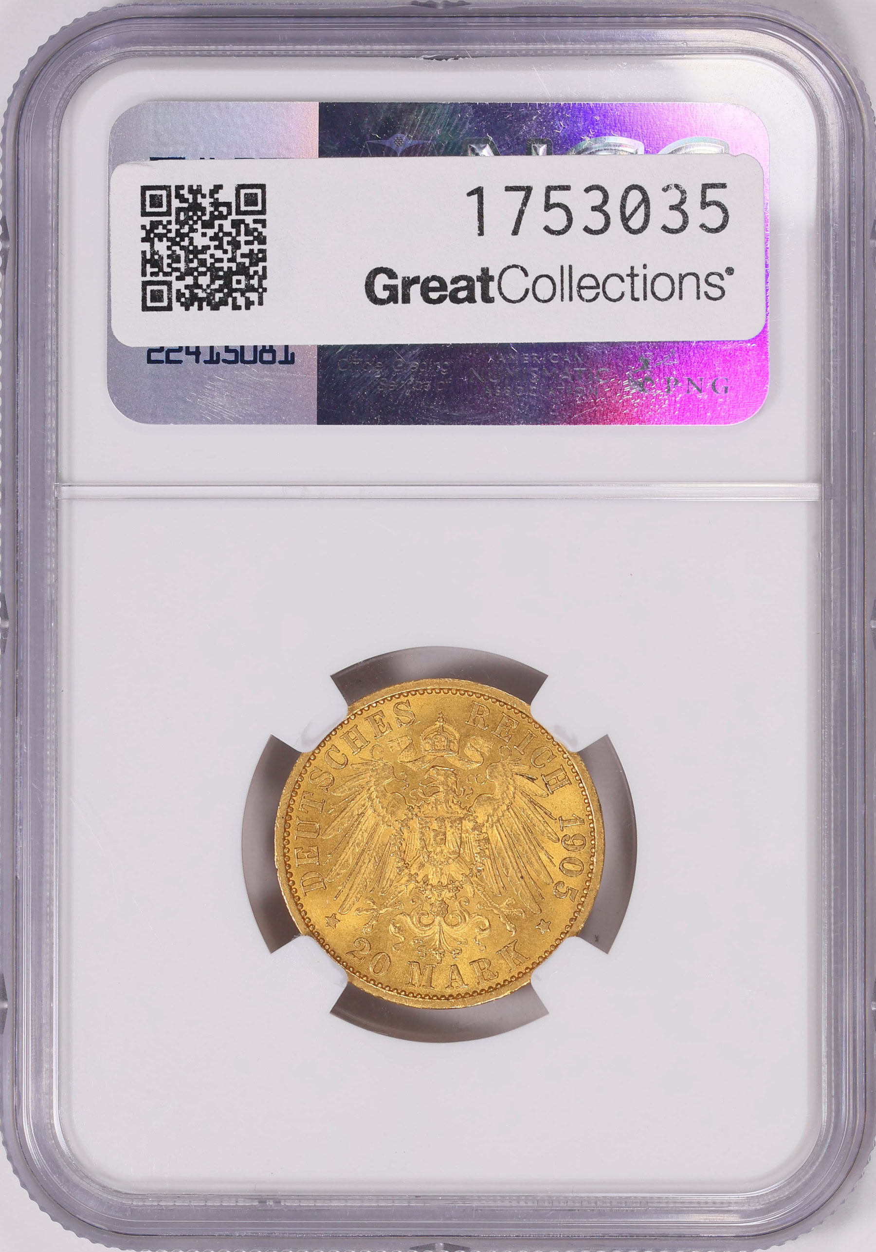 Germany - Prussia 1905-A Gold 20 Marks KM-521 NGC MS-62 (AGW = 0.2305 ...
