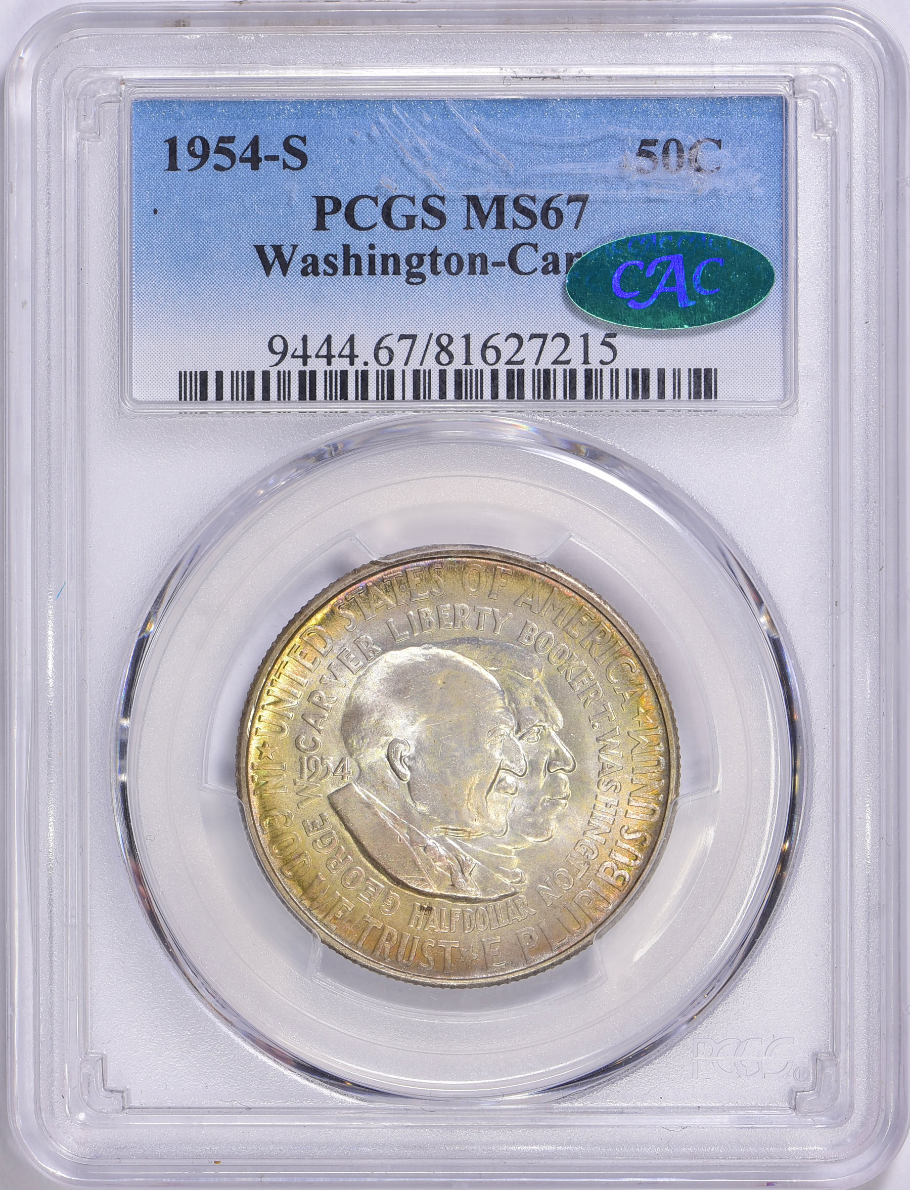1954-S Carver/Washington Commemorative Half Dollar PCGS MS-67 (CAC Green) (Toned) (Item 1753063 ...