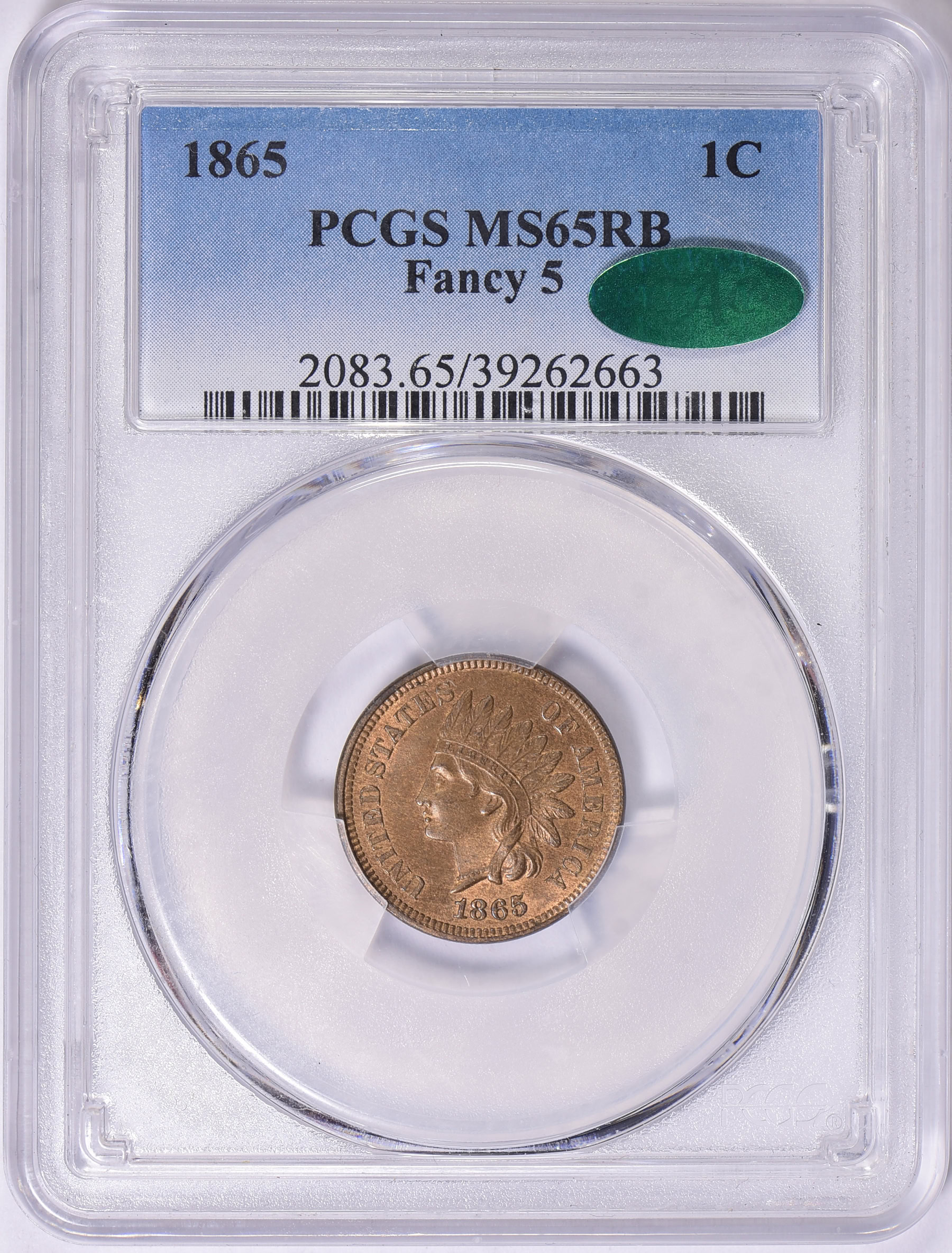 1865 Indian Cent Fancy 5 PCGS MS-65 RB (CAC Green) (Item 1753090) | GreatCollections Coin Auctions