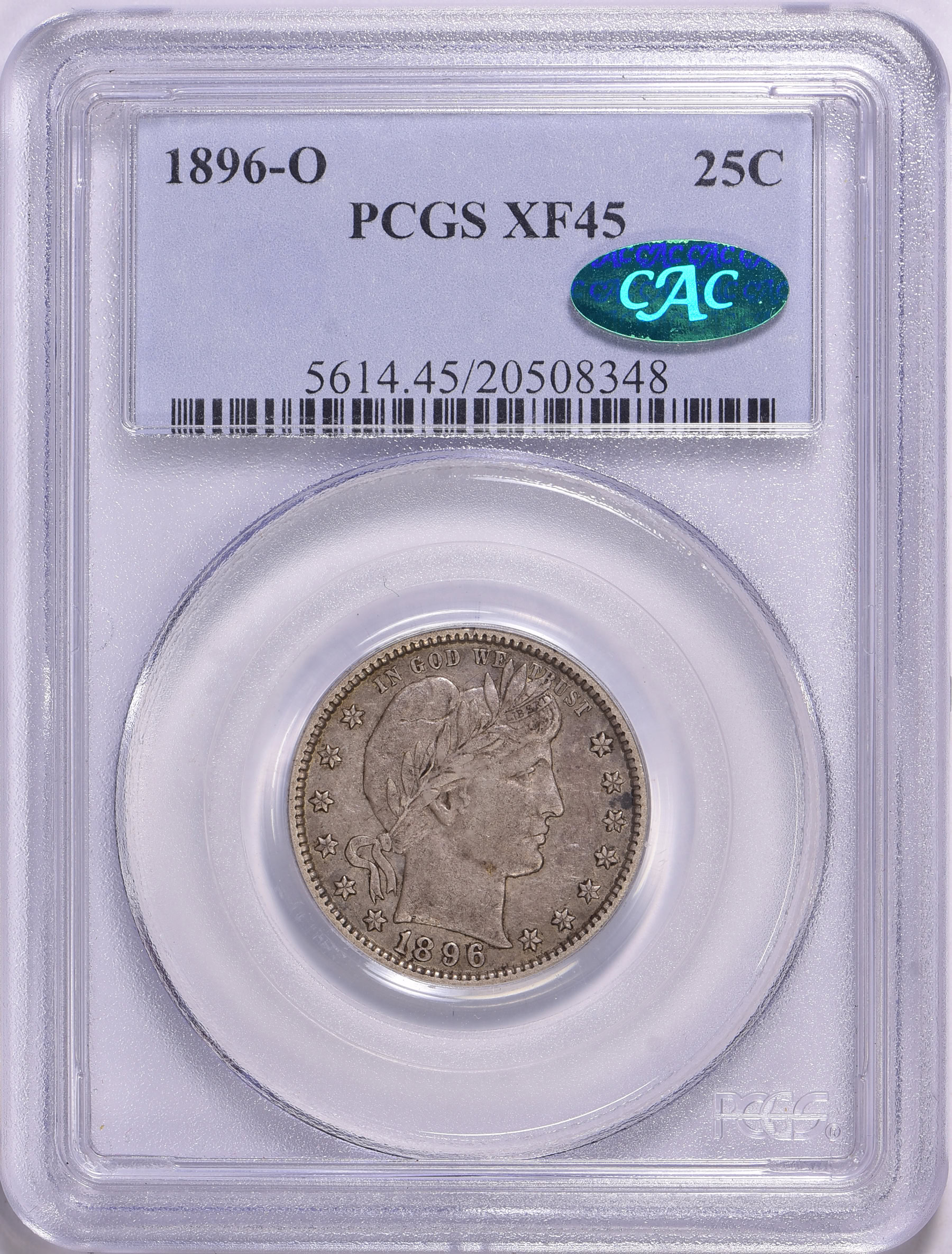 1896-O Barber Quarter PCGS XF-45 (CAC Green) (Item 1753196) | GreatCollections Coin Auctions
