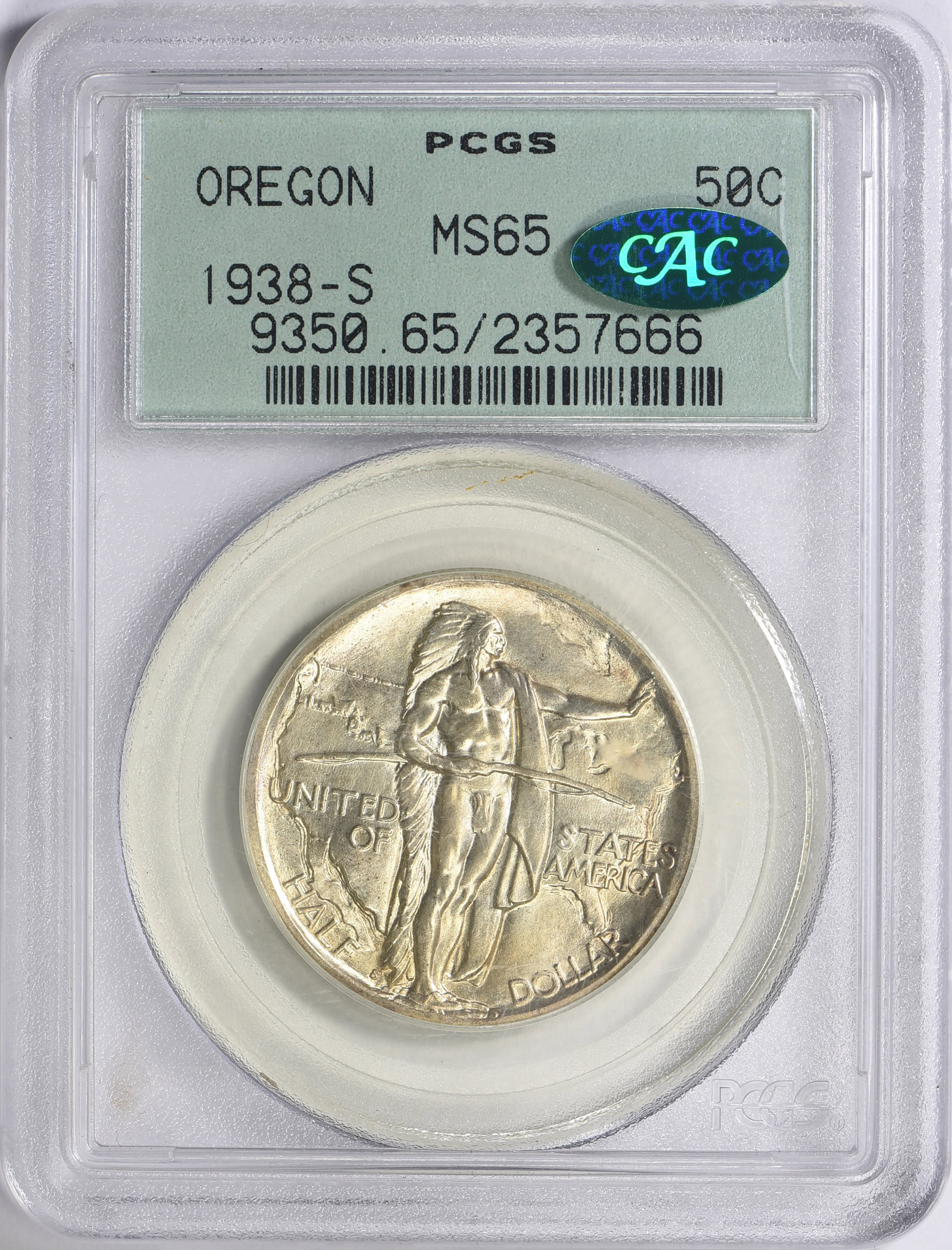 1938-S Oregon Trail Memorial Half Dollar PCGS MS-65 (CAC Green) OGH (Item 1753233 ...