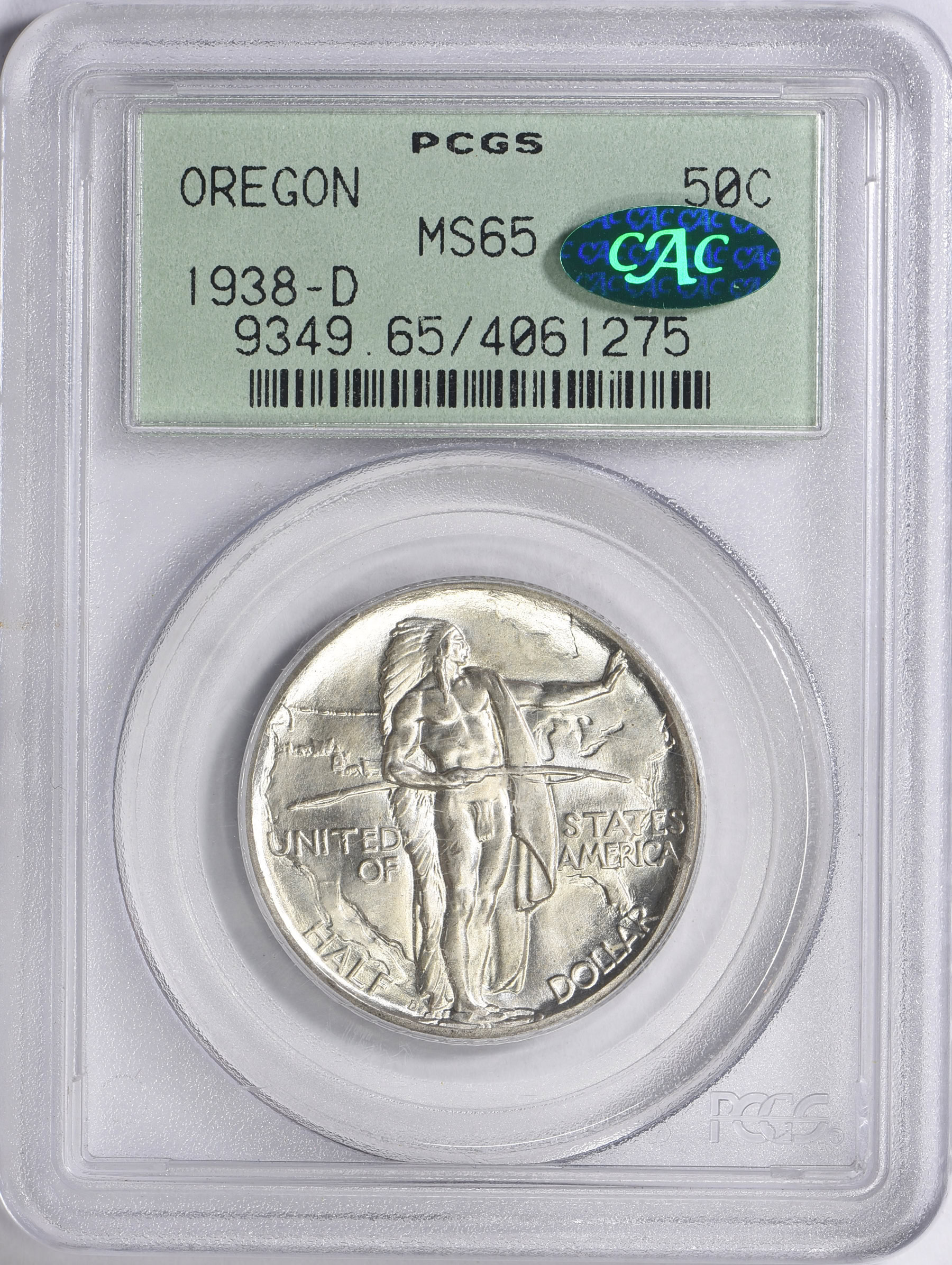 1938-D Oregon Trail Memorial Half Dollar PCGS MS-65 (CAC Green) OGH (Item 1753234 ...