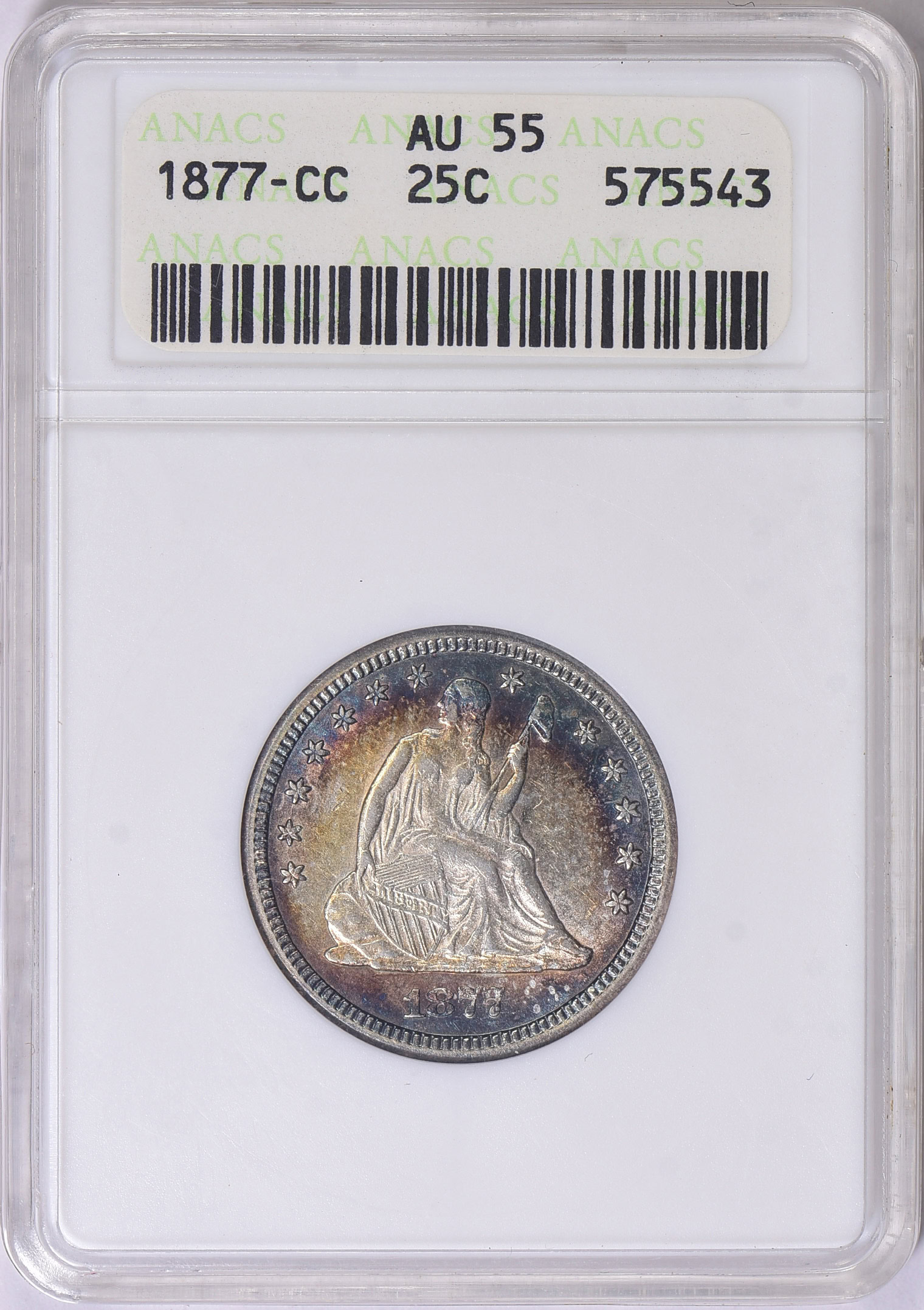 1877-CC Seated Liberty Quarter ANACS AU-55 OH (Toned) (Item 1753251) | GreatCollections Coin ...
