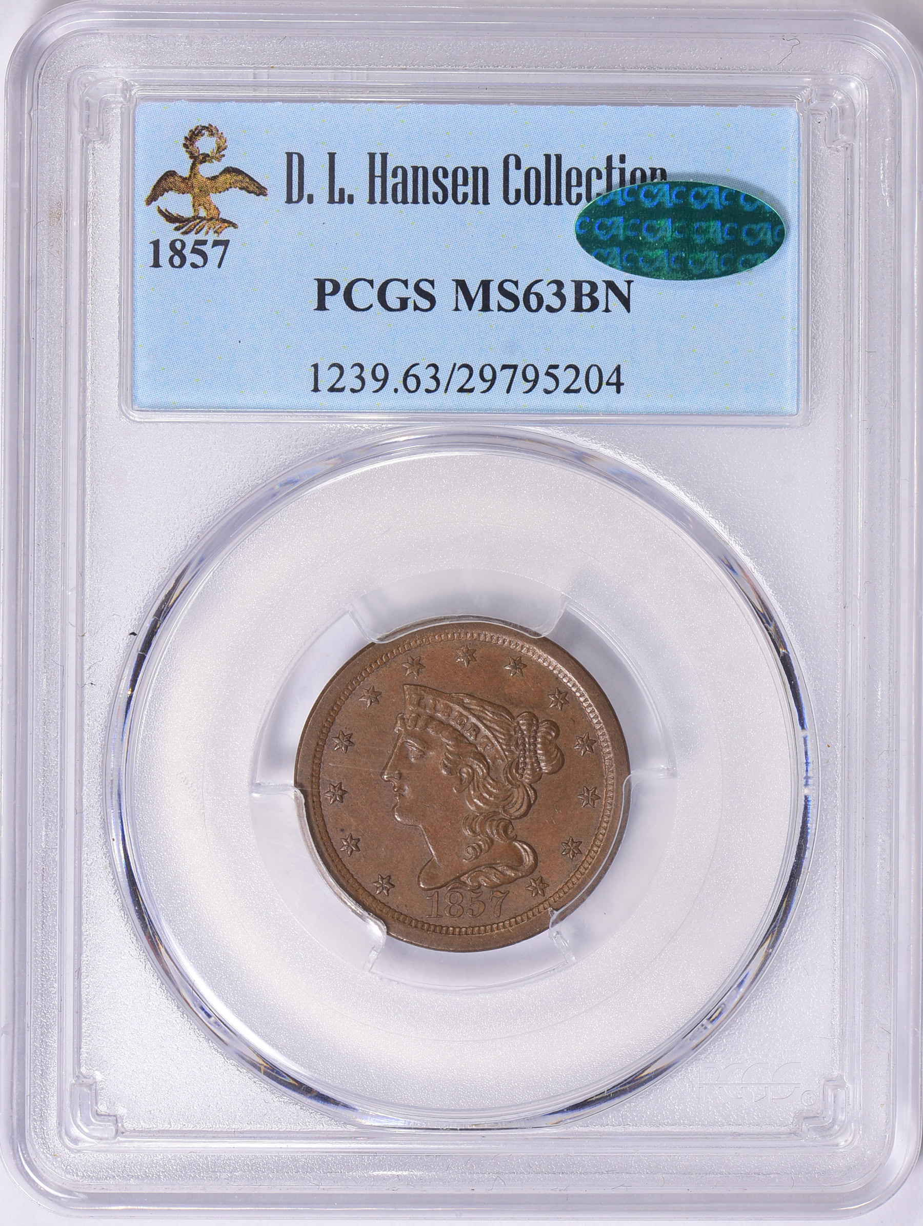 1857 Braided Hair Half Cent PCGS MS-63 BN (CAC Green) (D.L. Hansen ...