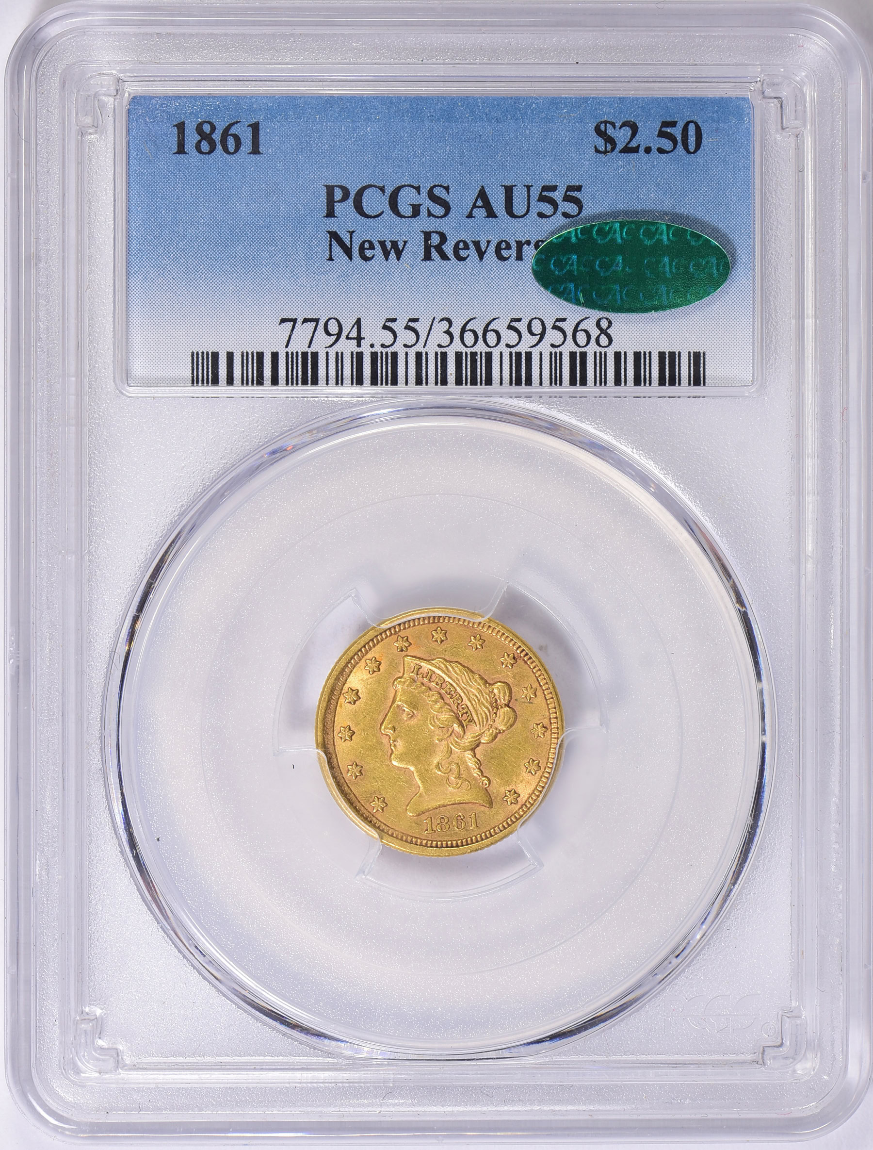 1861 Liberty Gold Quarter Eagle New Reverse PCGS AU-55 (CAC Green) (Item 1753271 ...