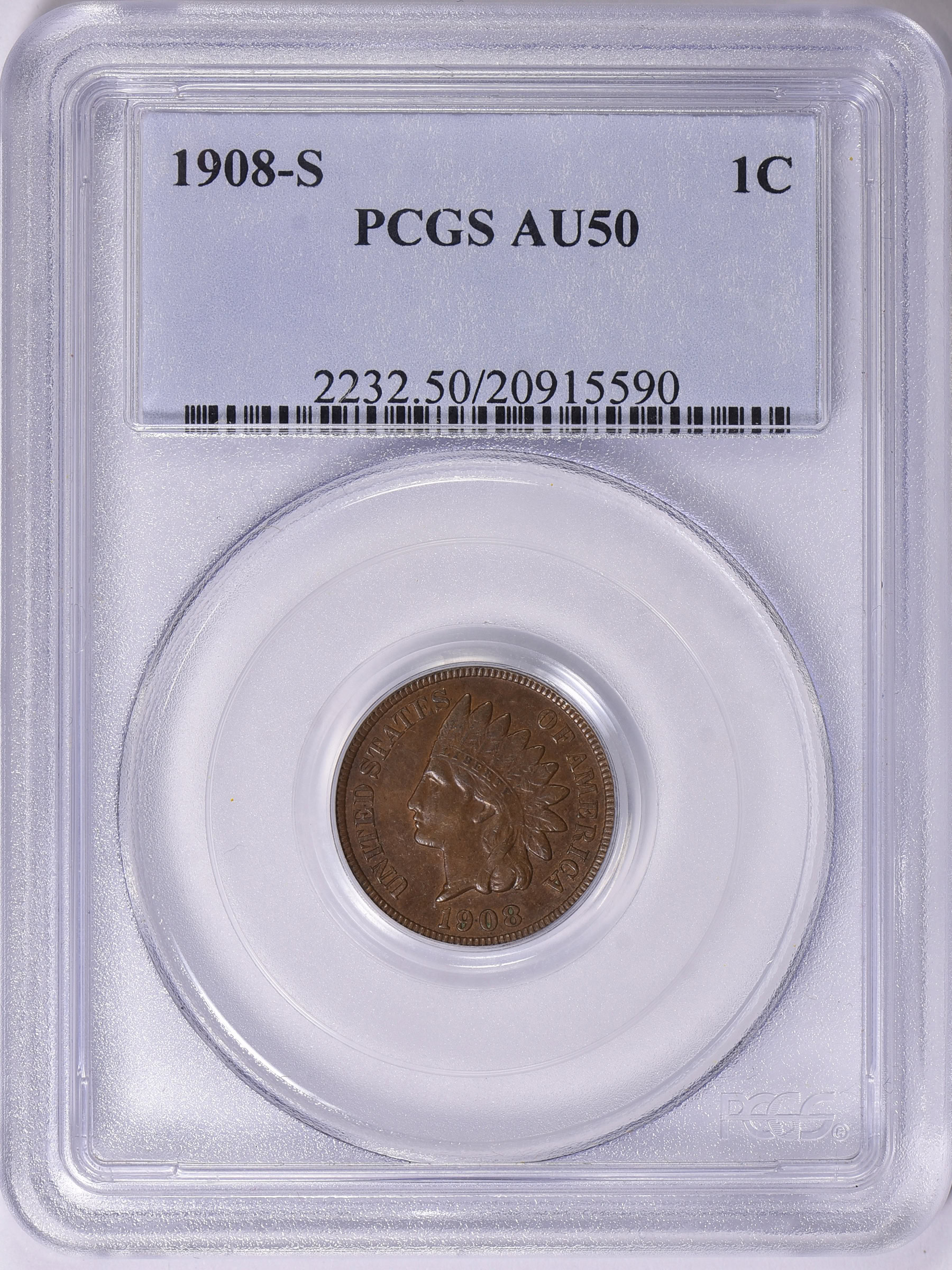 1908-S Indian Cent PCGS AU-50 BN (Item 1753275) | GreatCollections Coin Auctions