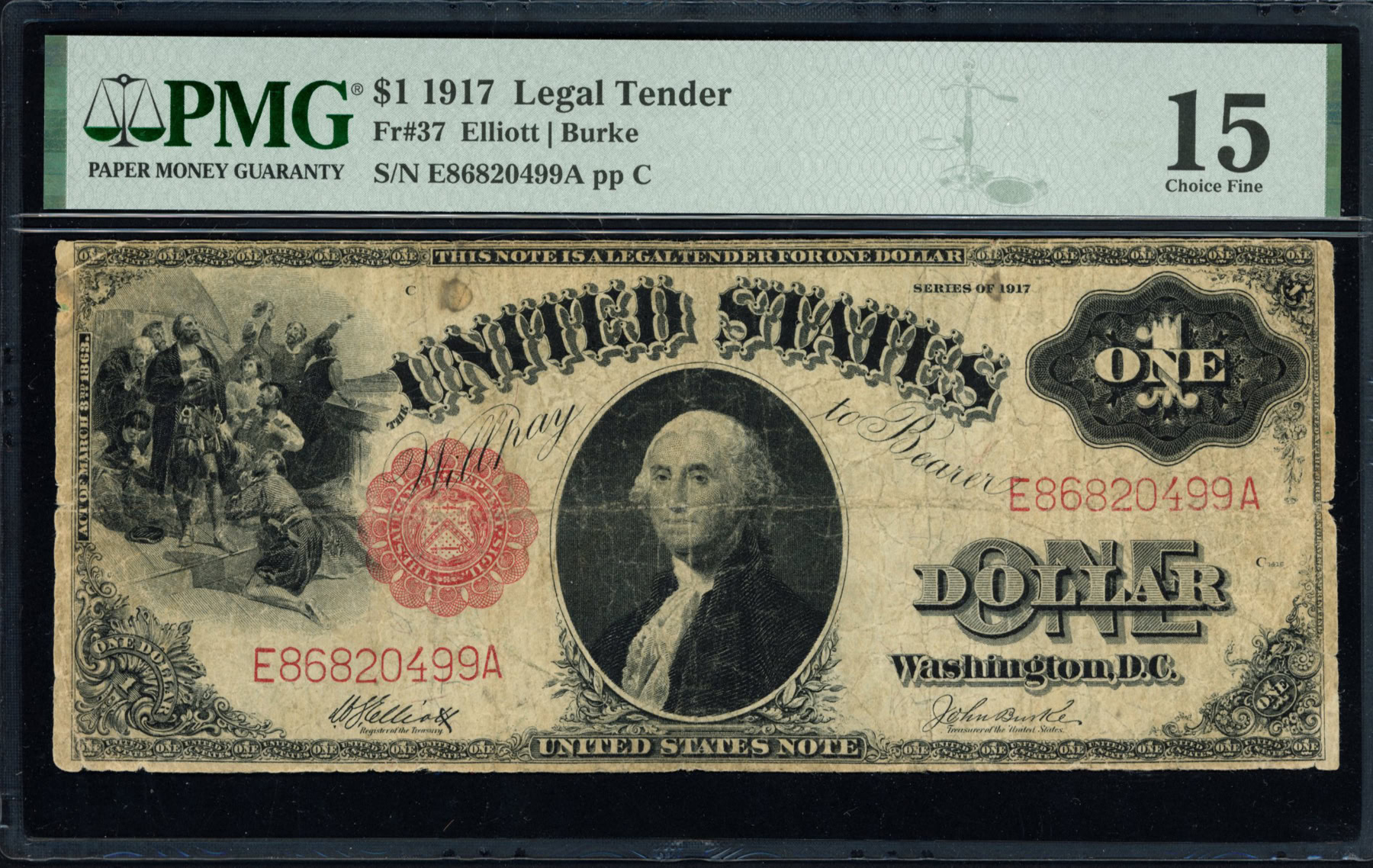 Fr. 37 1917 $1 Legal Tender Note Elliott / Burke PMG Choice Fine 15 ...