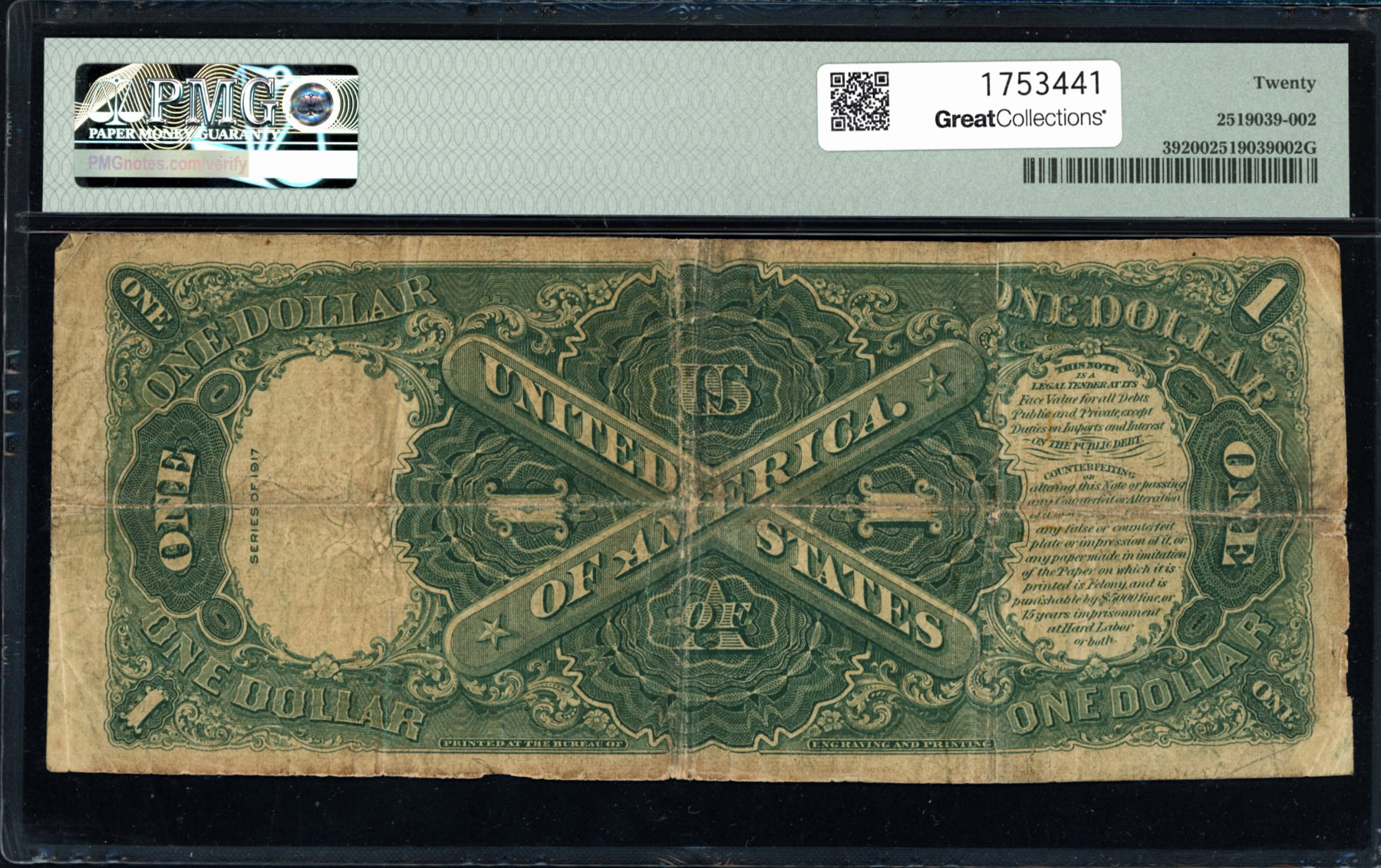 Fr. 39 1917 $1 Legal Tender Note Speelman / White PMG Very Fine 20 ...