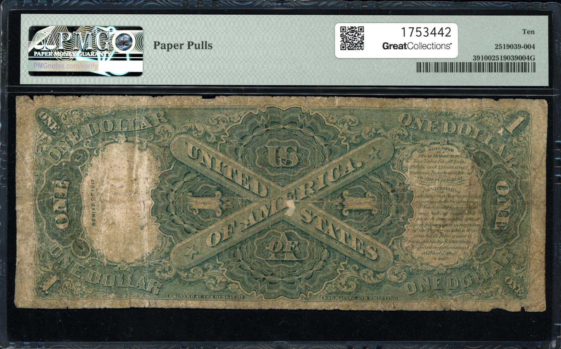 Fr. 39 1917 $1 Legal Tender Note Speelman / White PMG Very Good 10 | PMG Cert #2519039-004 ...