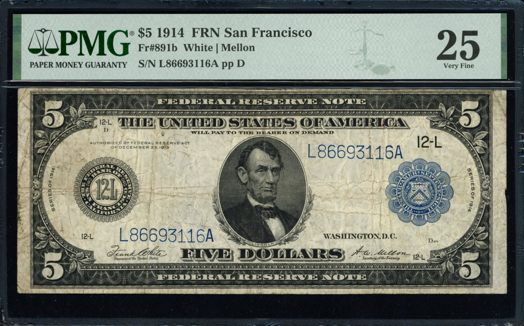 Fr. 891b 1914 $5 San Francisco Federal Reserve Note White / Mellon PMG ...