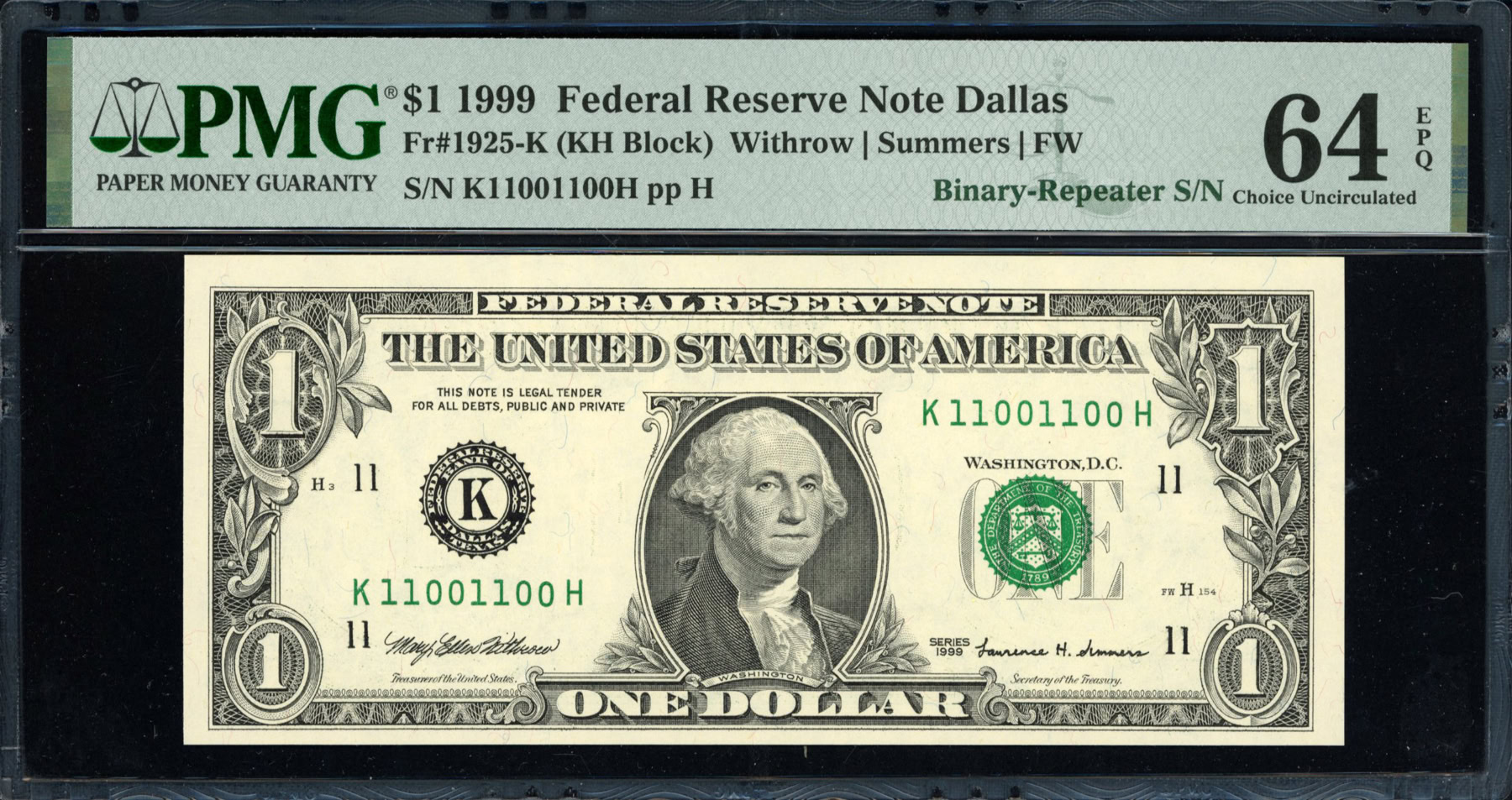 Fr. 1925-K (KH Block) 1999 $1 Dallas Federal Reserve Note Binary ...