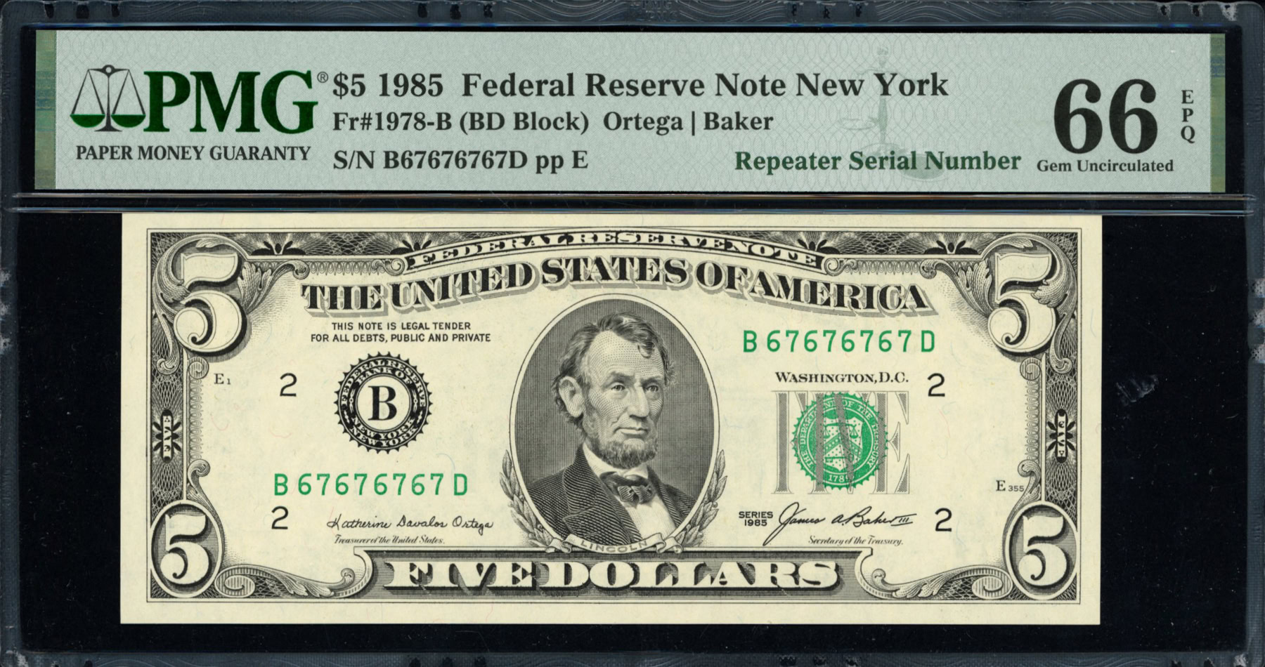 Fr. 1978-B (BD Block) 1985 $5 New York Federal Reserve Note Repeater ...