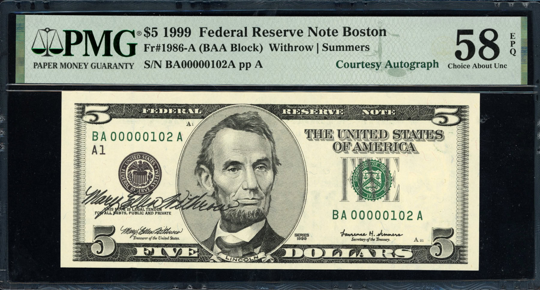 Fr. 1986-A (BAA Block) 1999 $5 Boston Federal Reserve Note Courtesy ...