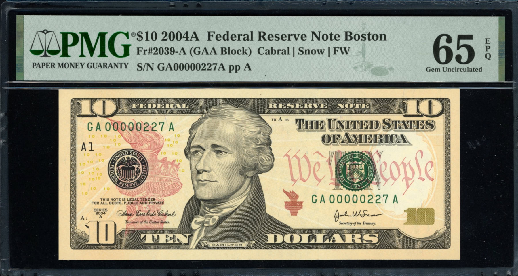 Fr. 2039-A (GAA Block) 2004A $10 Boston Federal Reserve Note Low Serial ...
