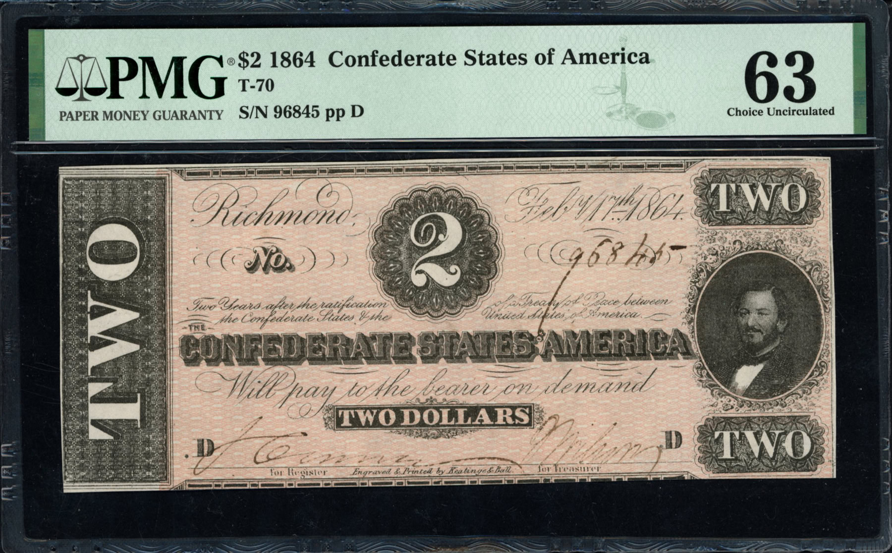 T-70 Confederate States of America 1864 $2 Note PMG Choice Uncirculated ...