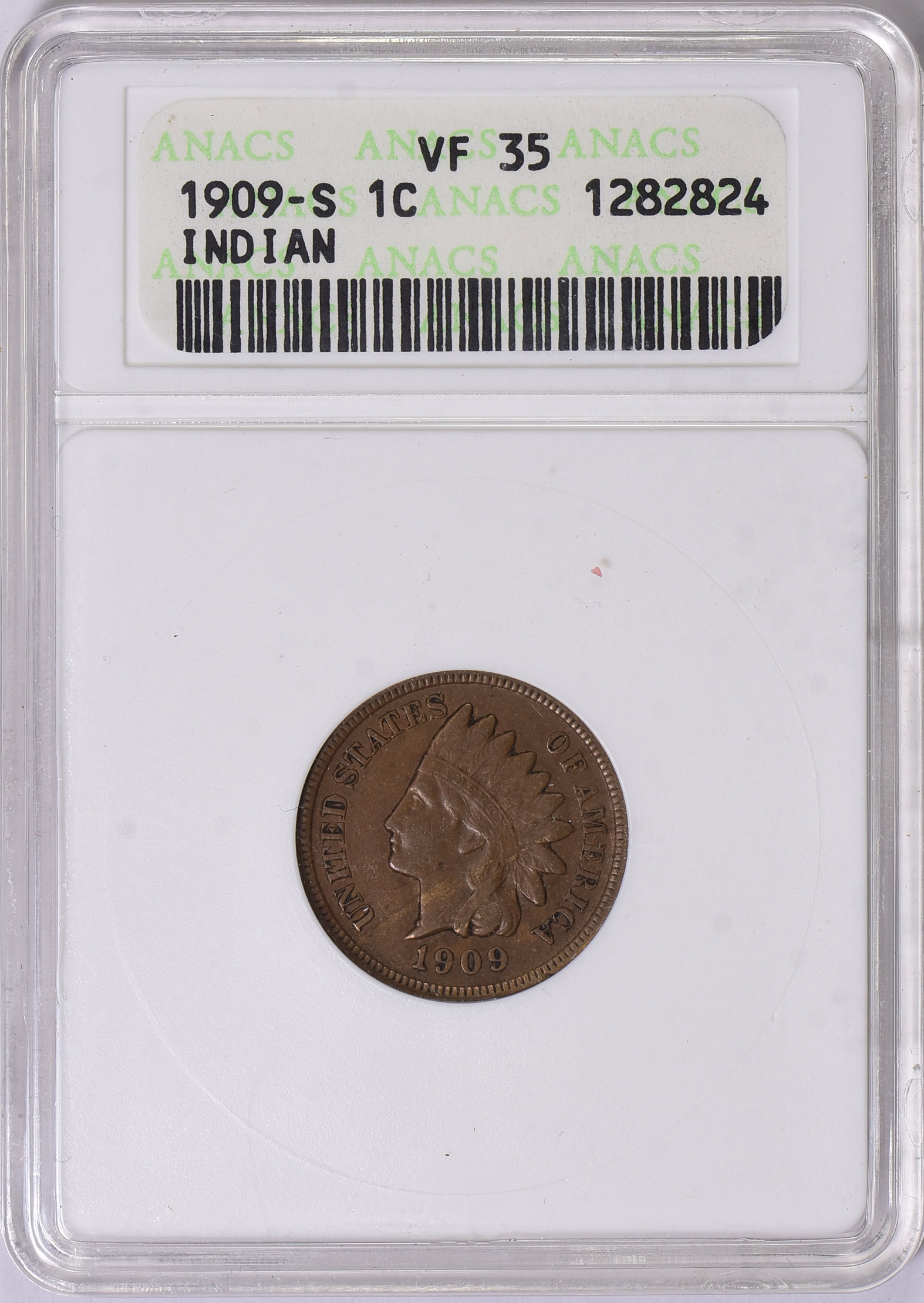 1909-S Indian Cent ANACS VF-35 BN OH (Item 1753653) | GreatCollections Coin Auctions