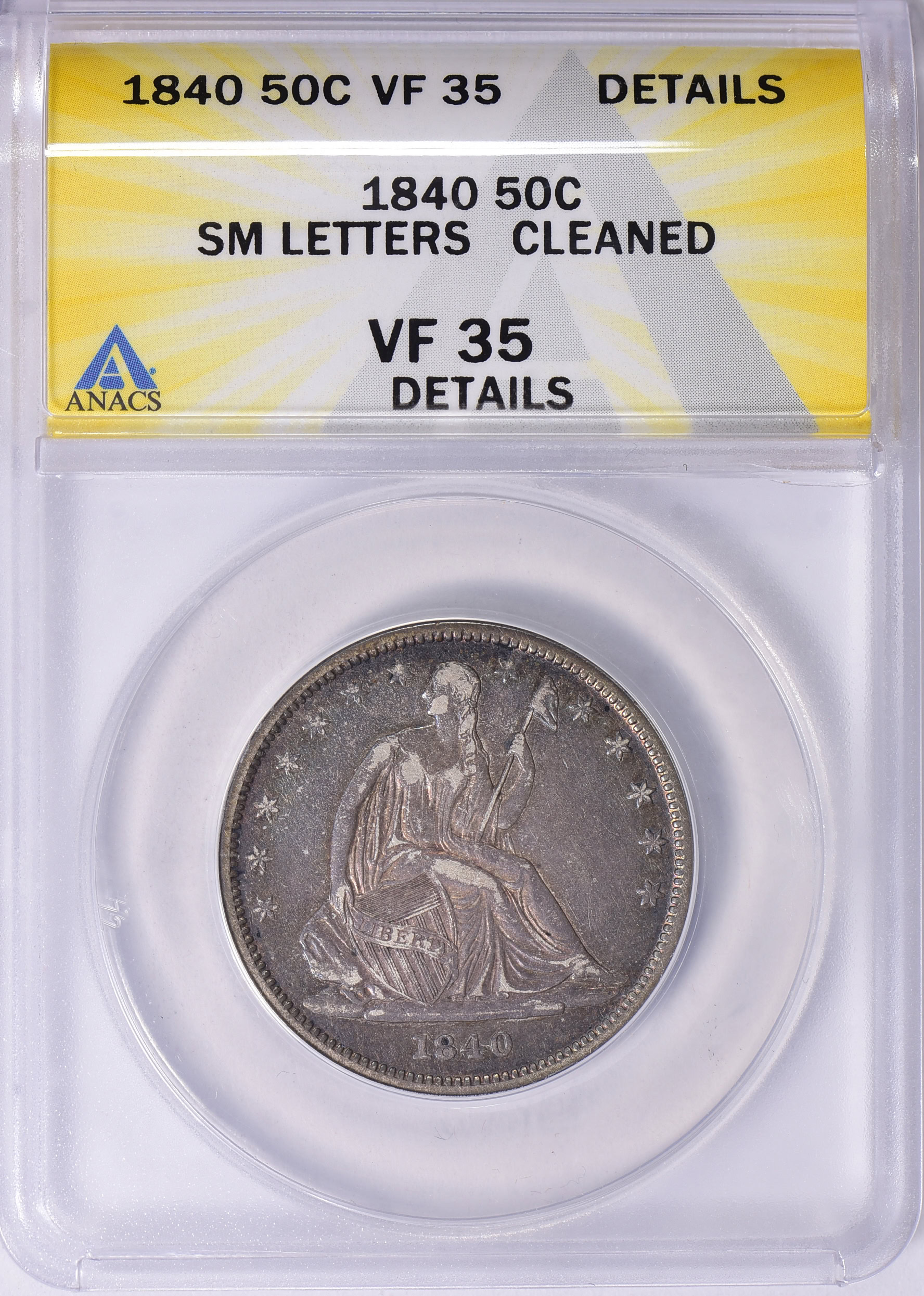 1840 Seated Liberty Half Dollar Small Letters ANACS VF-35 Details (Item 1753659 ...