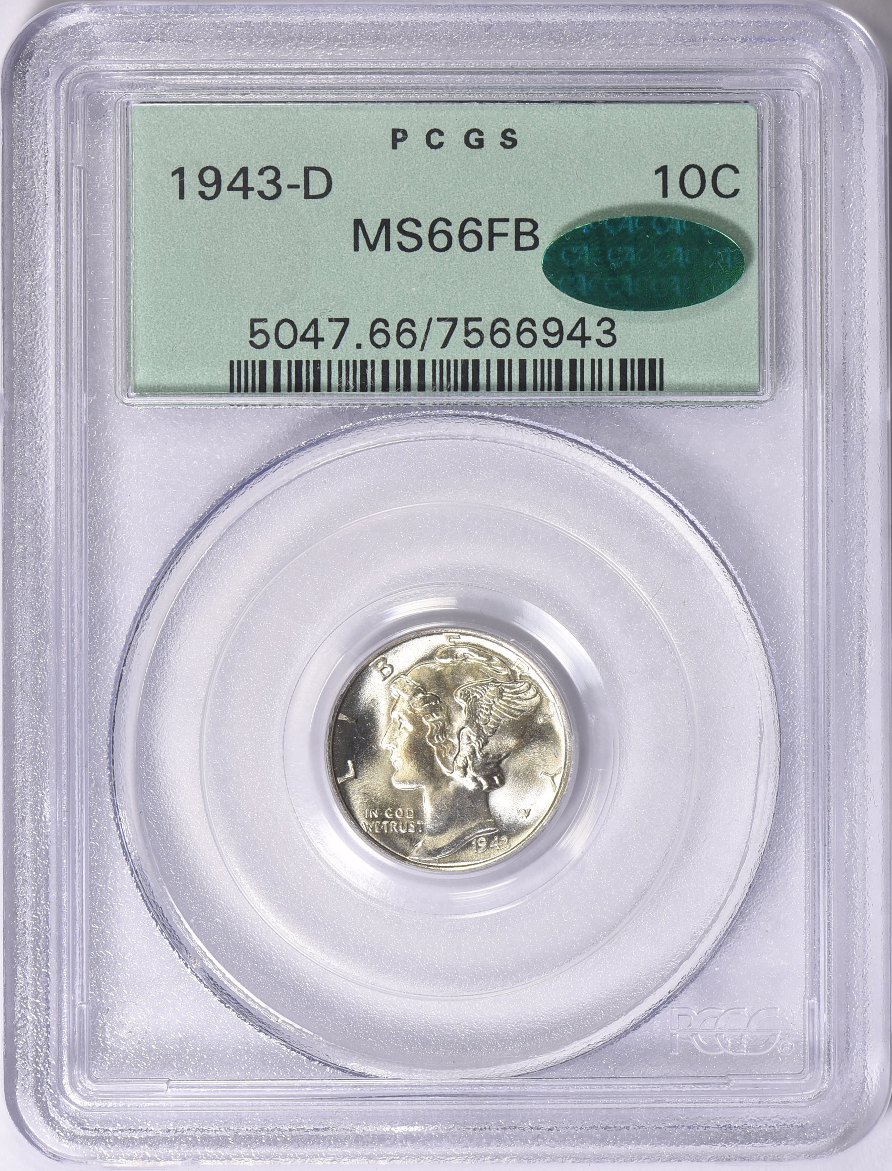 1943-D Mercury Dime PCGS MS-66 FB (CAC Green) OGH (Item 1754014) | GreatCollections Coin Auctions