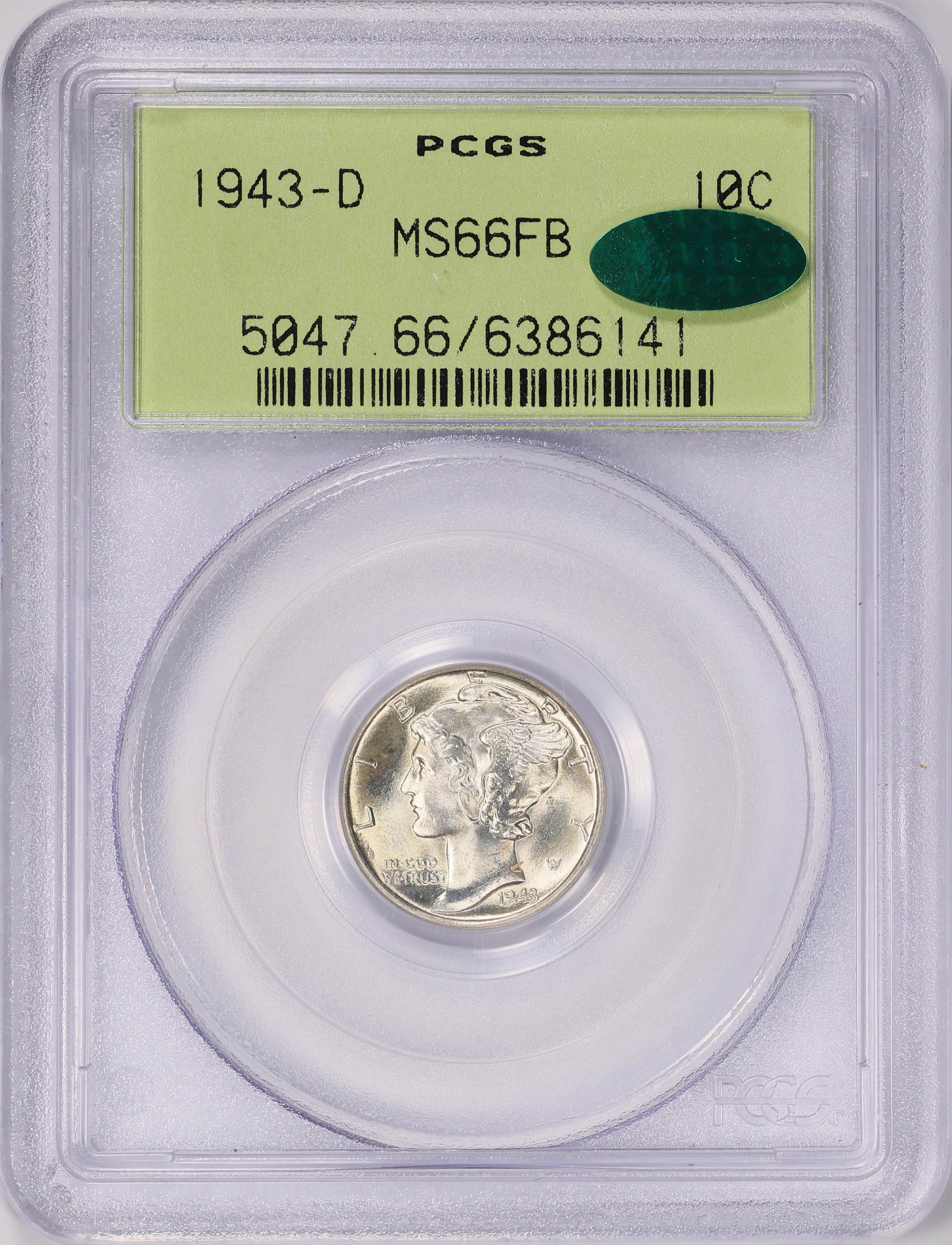 1943-D Mercury Dime PCGS MS-66 FB (CAC Green) OGH (Item 1754113) | GreatCollections Coin Auctions
