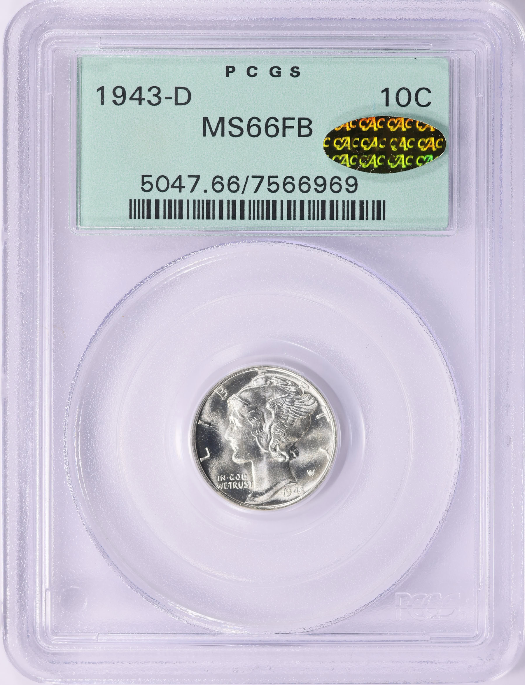 1943-D Mercury Dime PCGS MS-66 FB (CAC Gold) OGH (Item 1754127) | GreatCollections Coin Auctions