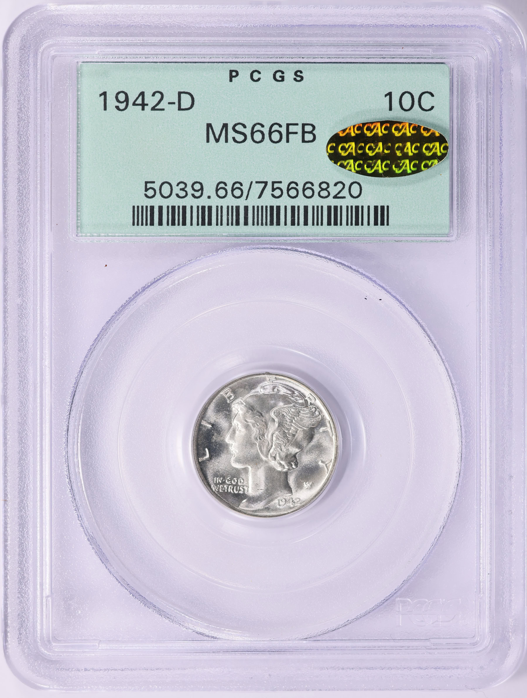 1942-D Mercury Dime PCGS MS-66 FB (CAC Gold) OGH (Item 1754128) | GreatCollections Coin Auctions