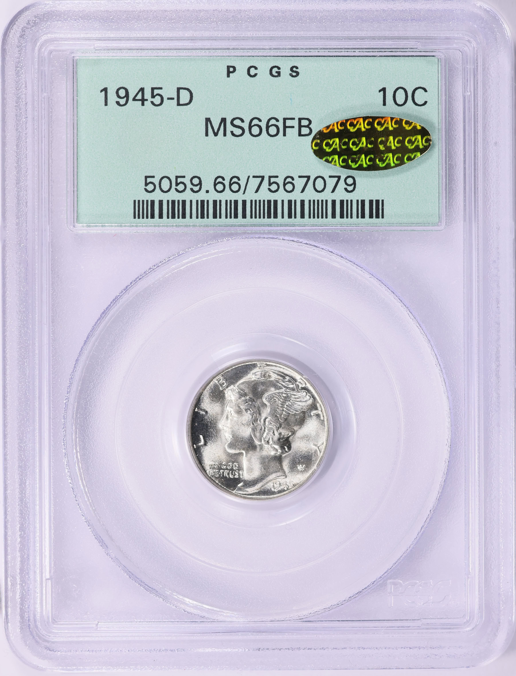 1945-D Mercury Dime PCGS MS-66 FB (CAC Gold) OGH (Item 1754133) | GreatCollections Coin Auctions