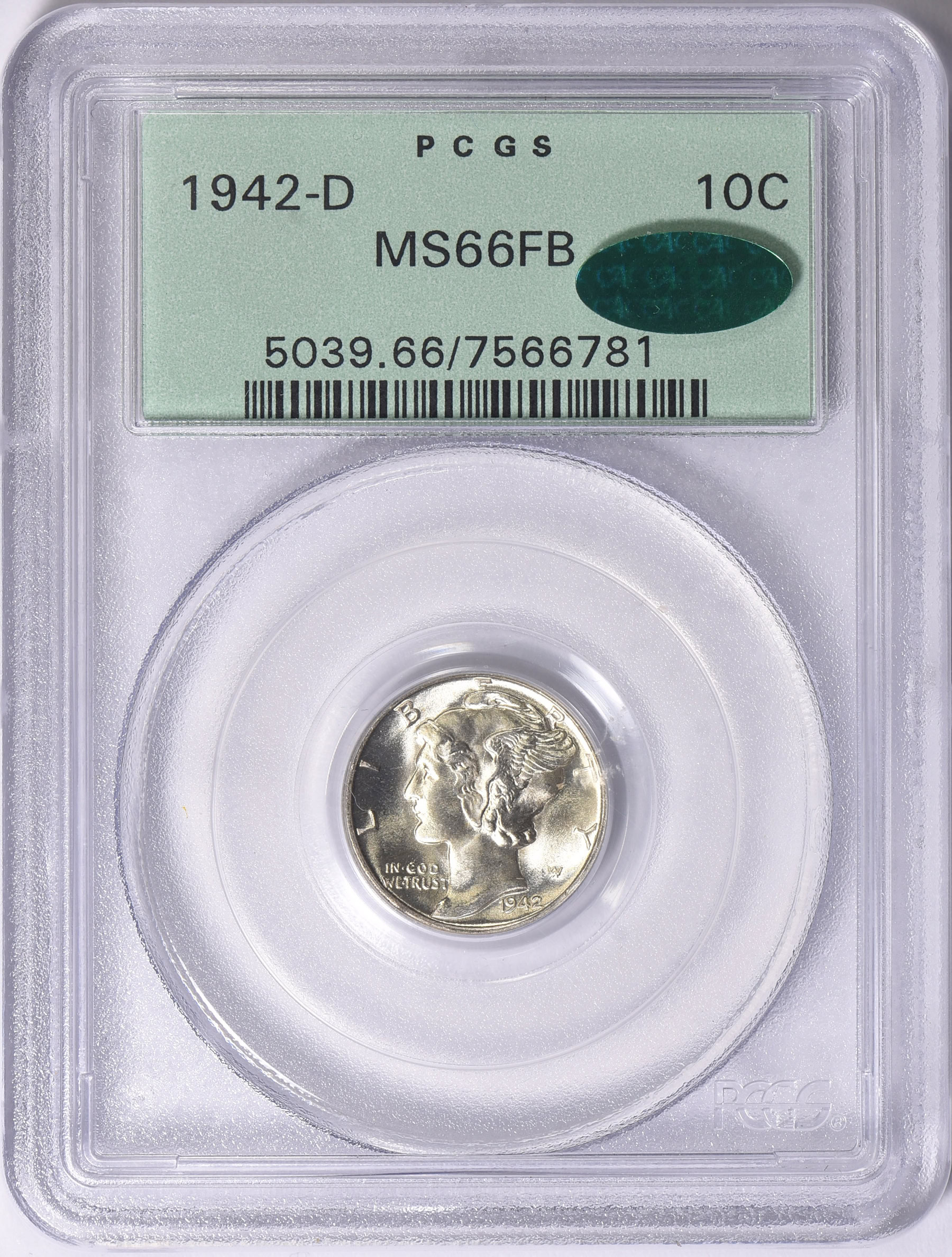1942-D Mercury Dime PCGS MS-66 FB (CAC Green) OGH (Item 1754146) | GreatCollections Coin Auctions