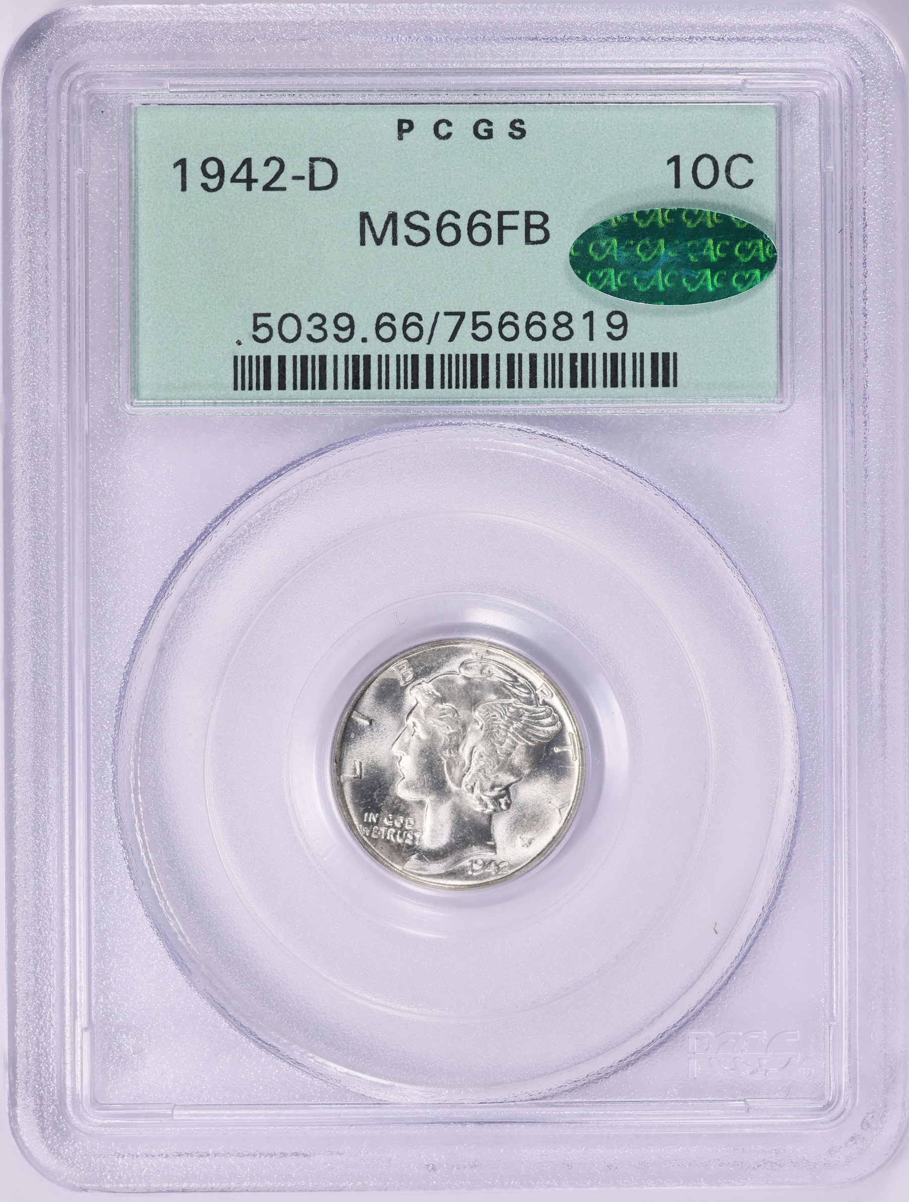 1942-D Mercury Dime PCGS MS-66 FB (CAC Green) OGH (Item 1754147) | GreatCollections Coin Auctions