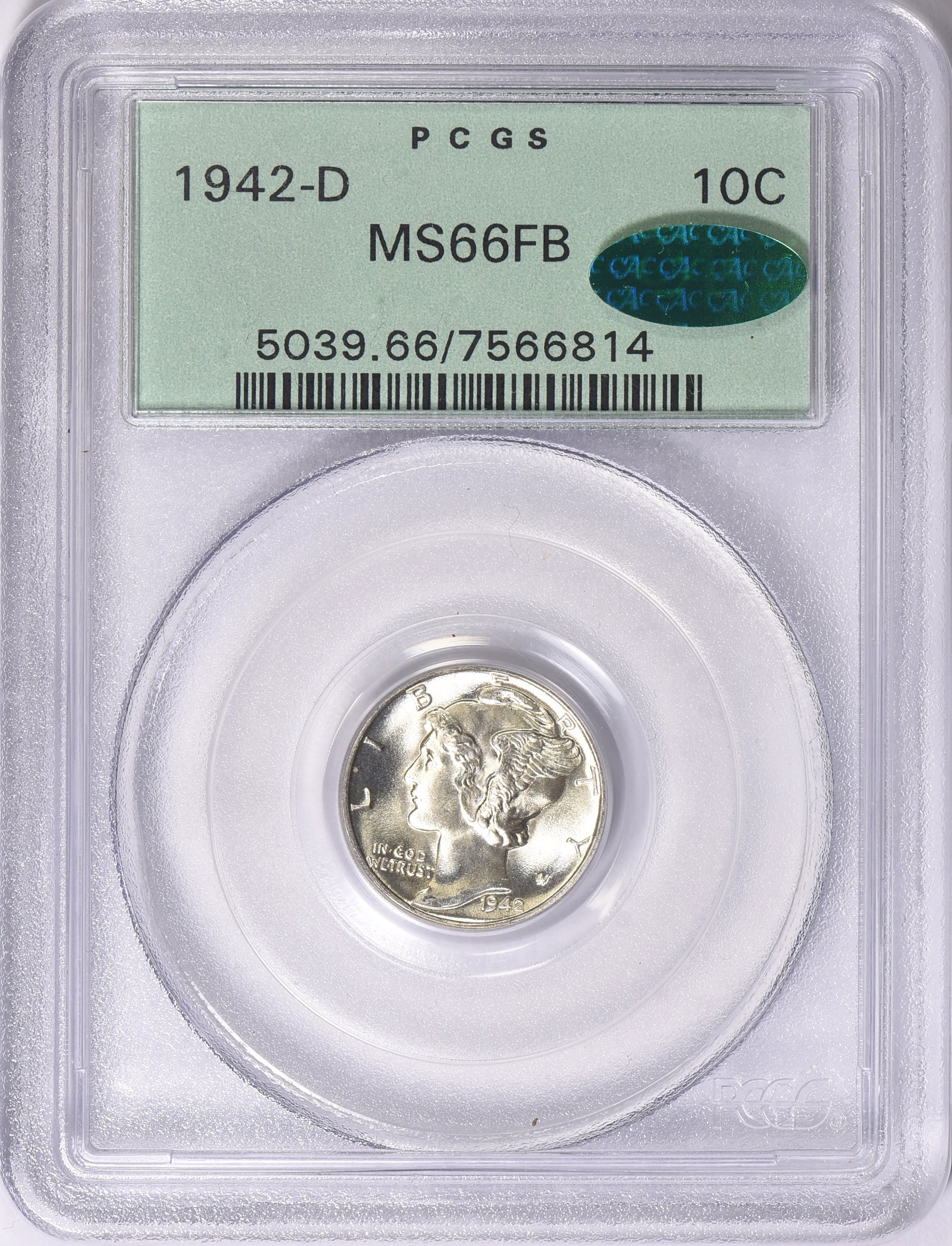 1942-D Mercury Dime PCGS MS-66 FB (CAC Green) OGH (Item 1754148) | GreatCollections Coin Auctions