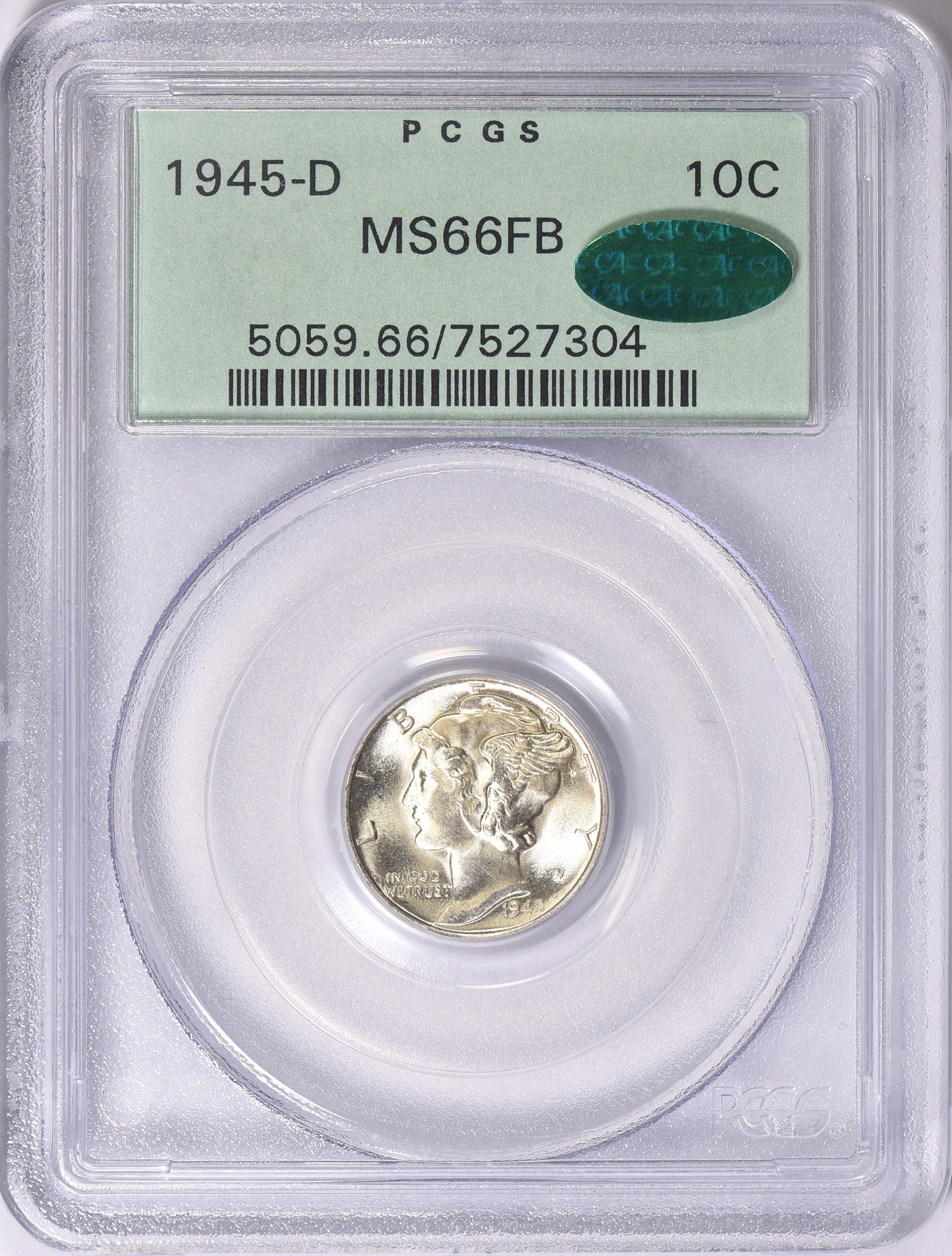 1945-D Mercury Dime PCGS MS-66 FB (CAC Green) OGH (Item 1754149) | GreatCollections Coin Auctions