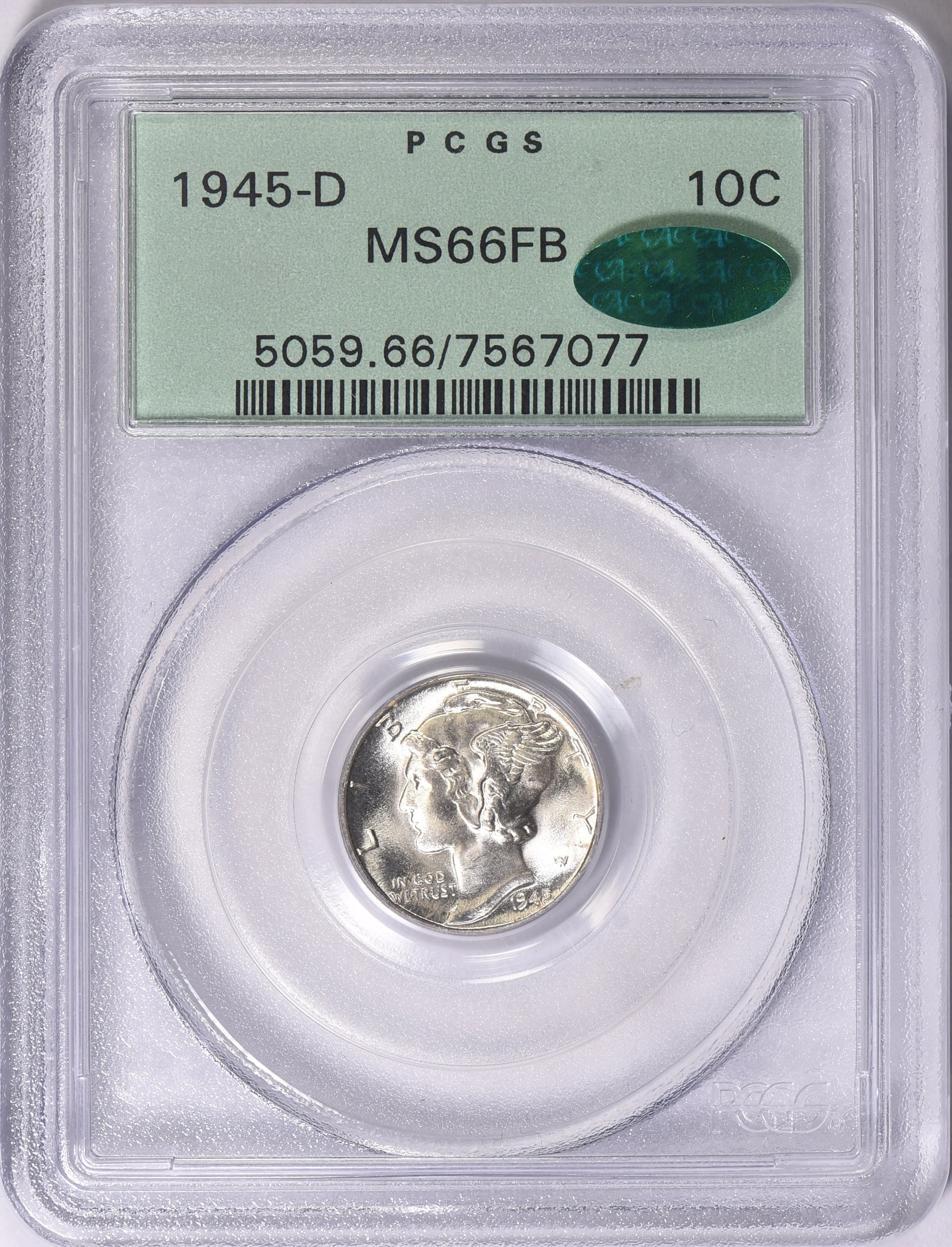 1945-D Mercury Dime PCGS MS-66 FB (CAC Green) OGH (Item 1754150) | GreatCollections Coin Auctions