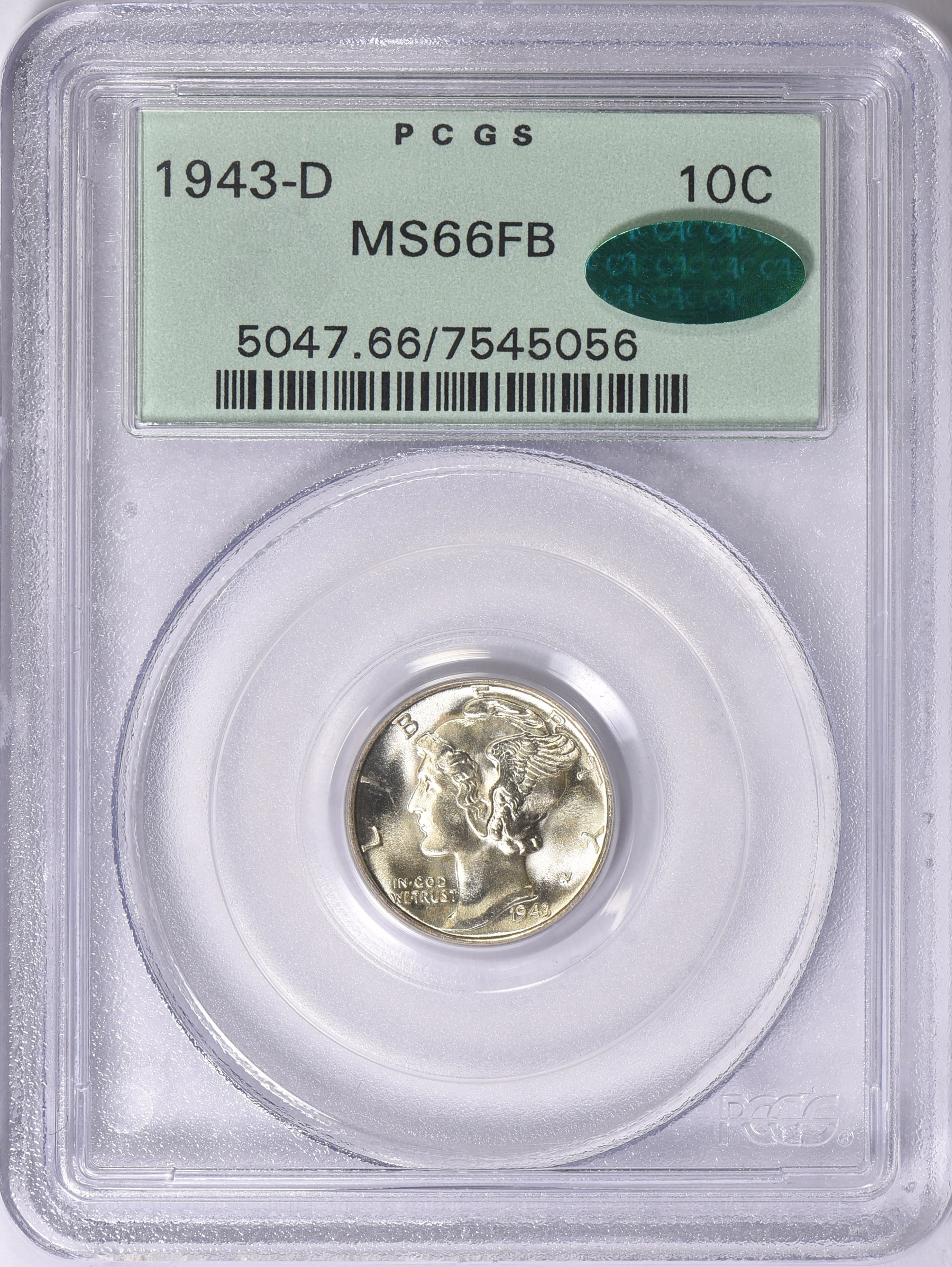 1943-D Mercury Dime PCGS MS-66 FB (CAC Green) OGH (Item 1754152) | GreatCollections Coin Auctions