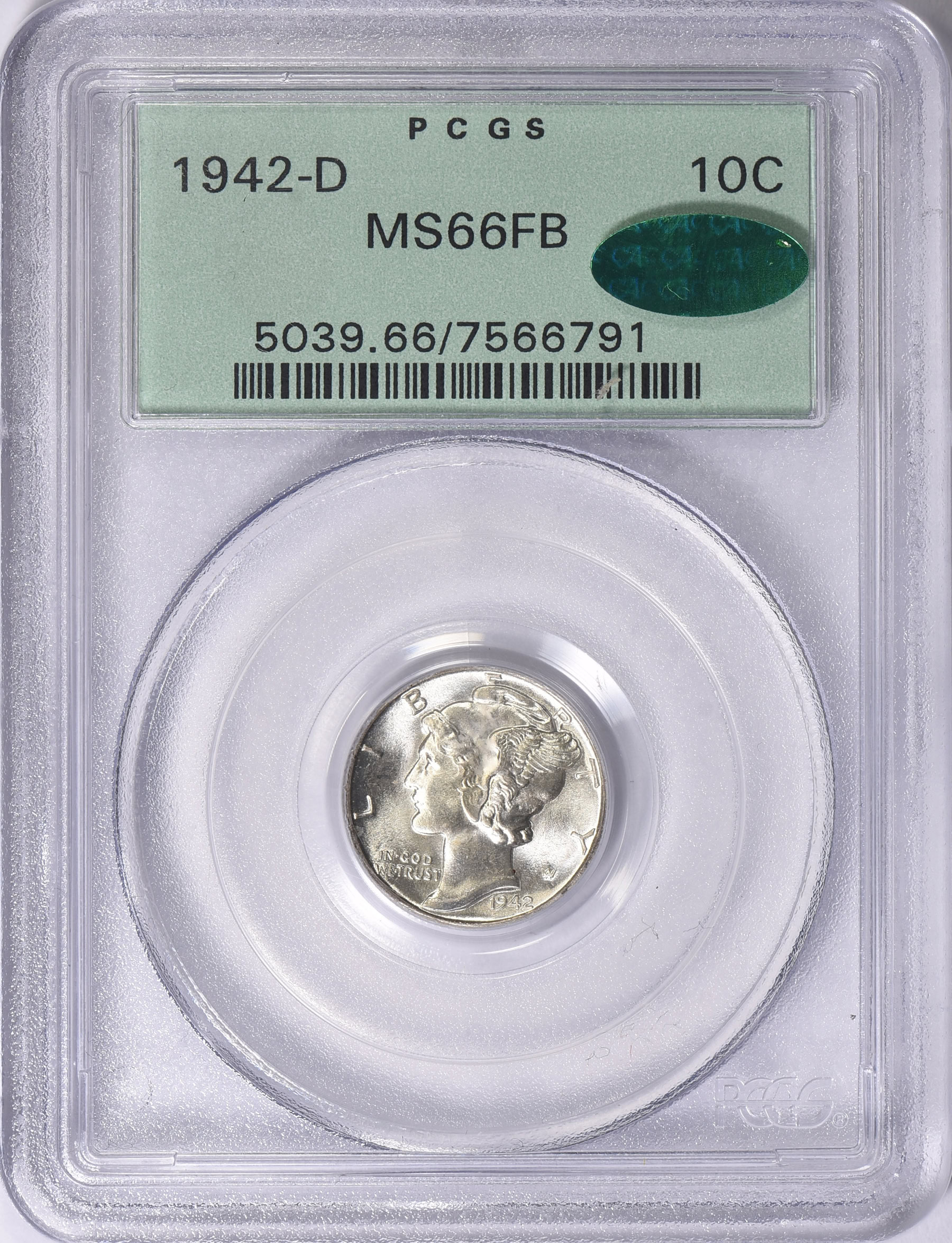 1942-D Mercury Dime PCGS MS-66 FB (CAC Green) OGH (Item 1754155) | GreatCollections Coin Auctions