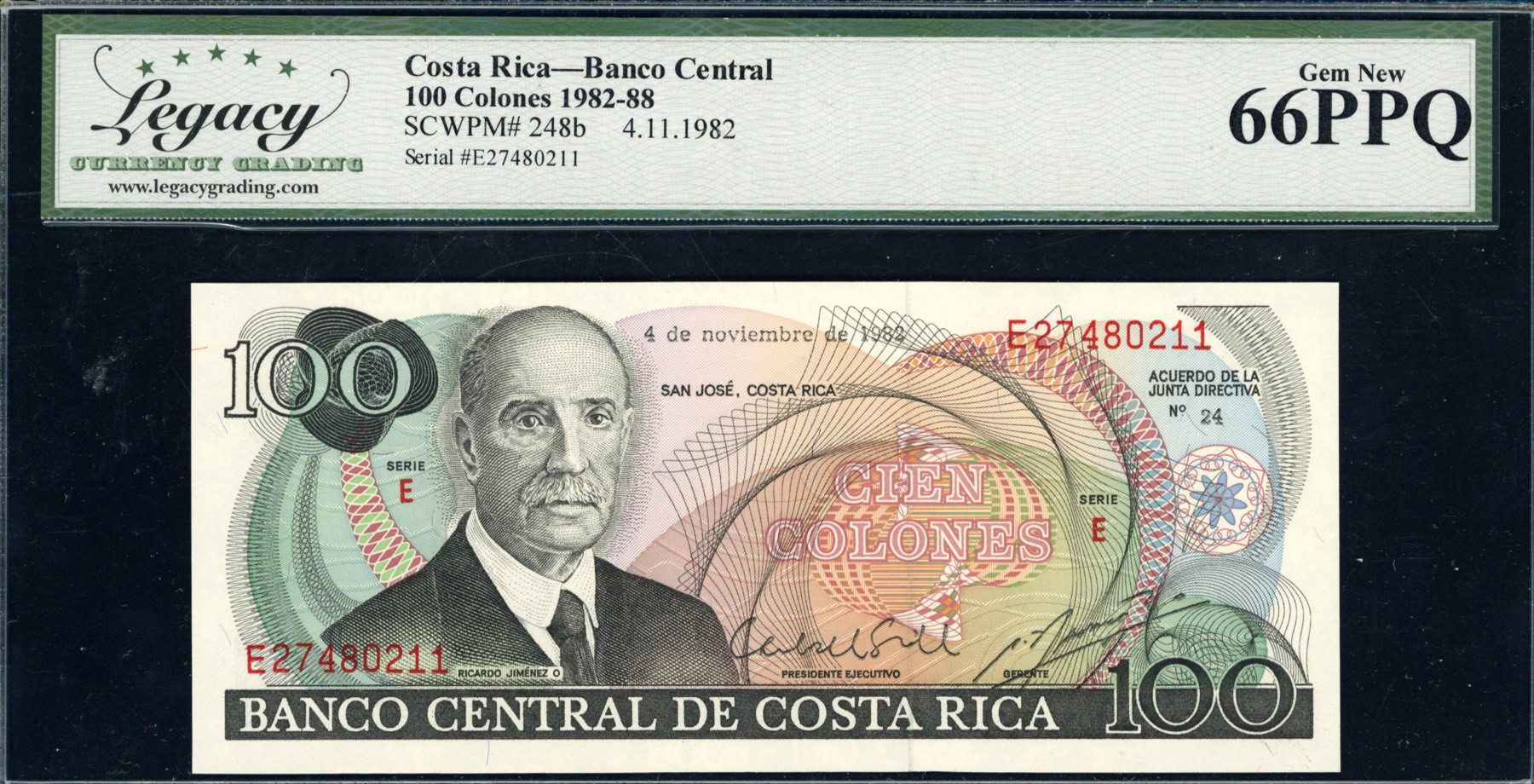 Costa Rica 1982 100 Colones Banco Central Note SCWPM-248b Legacy Gem New 66 PPQ | Legacy Cert ...