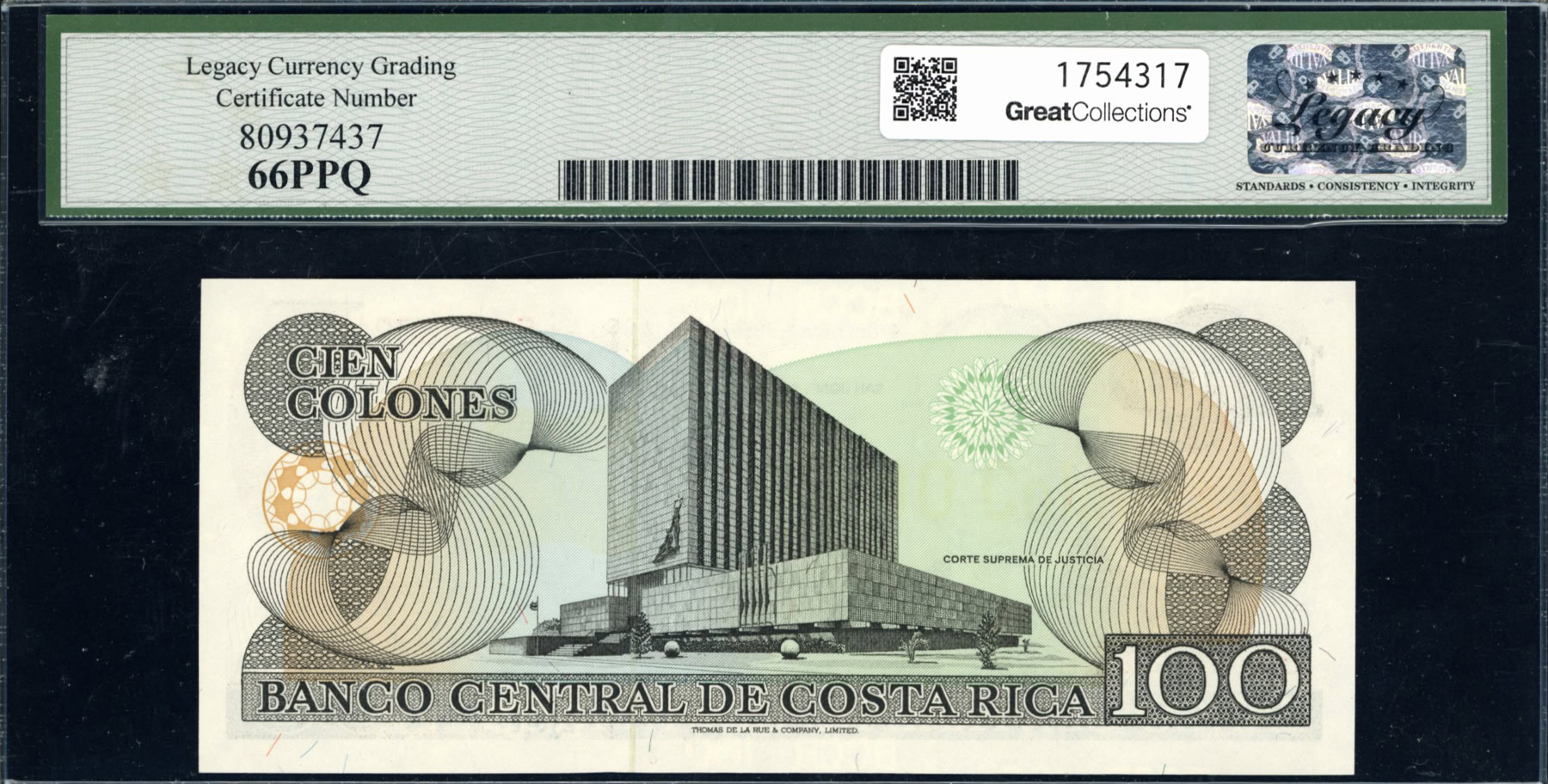 Costa Rica 1982 100 Colones Banco Central Note SCWPM-248b Legacy Gem New 66 PPQ | Legacy Cert ...