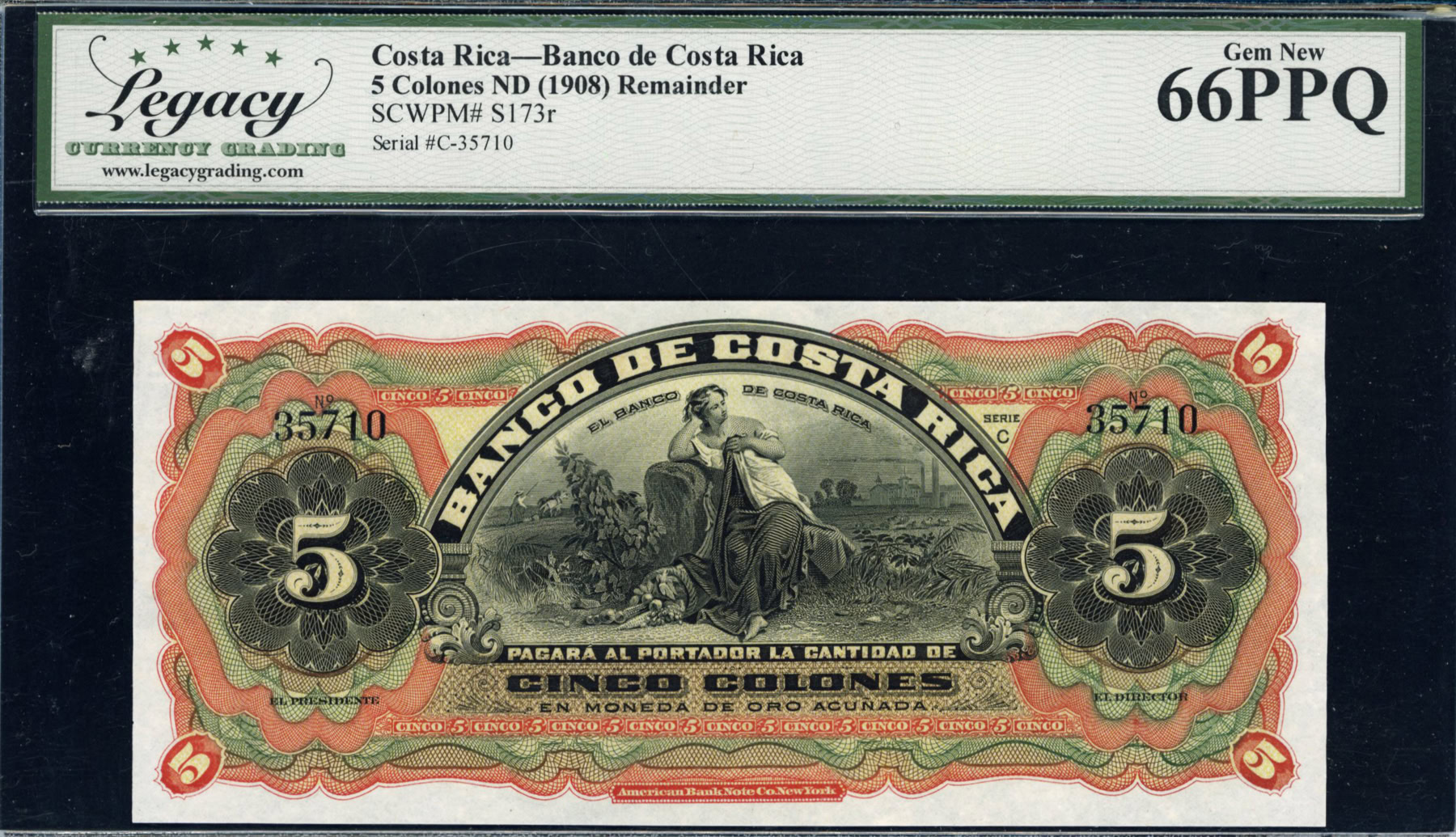 Costa Rica ND (1908) 5 Colones Banco de Costa Rica Remainder Note SCWPM ...